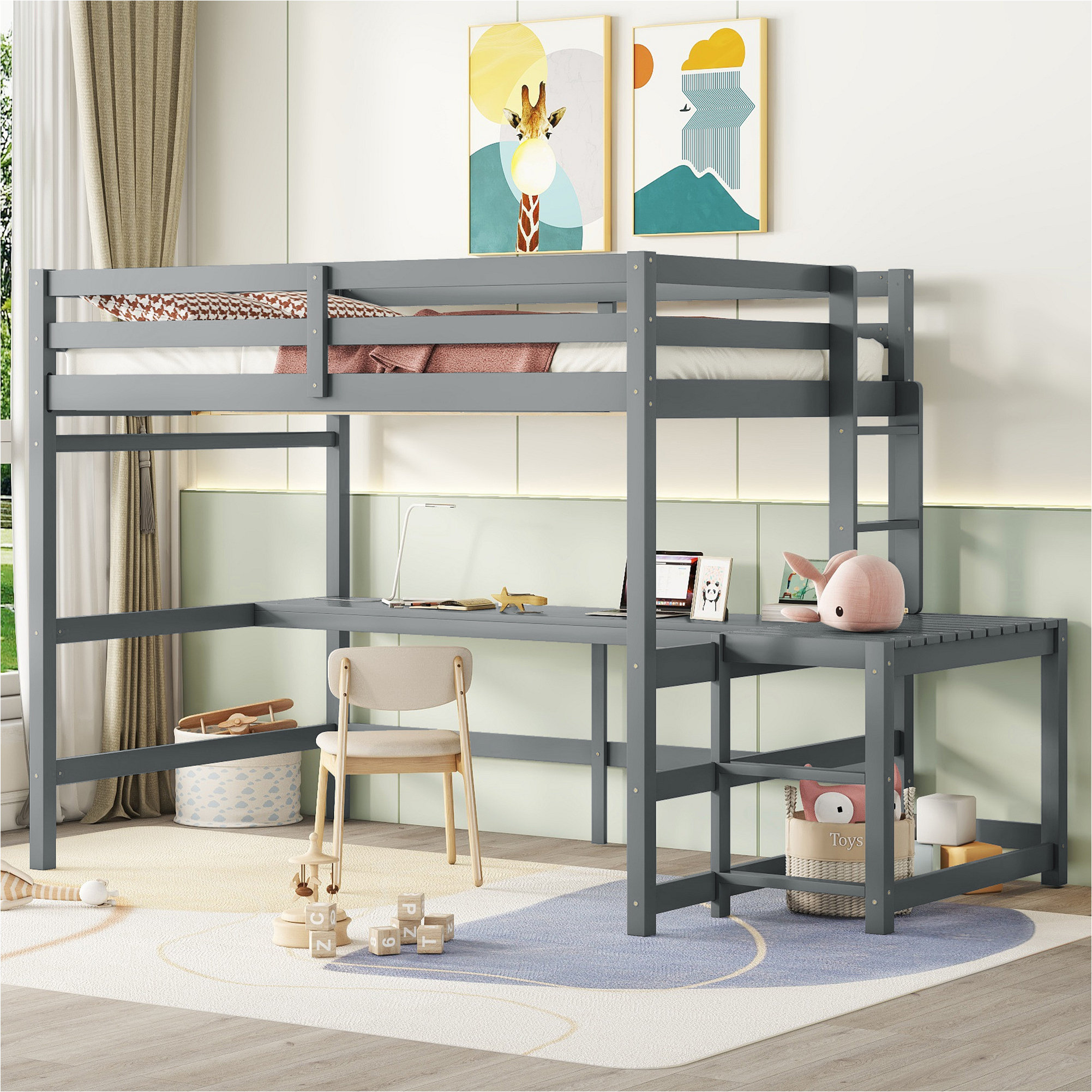 Harriet Bee Full Size High Loft Bed With Built-In Desk, Ladder Platform ...