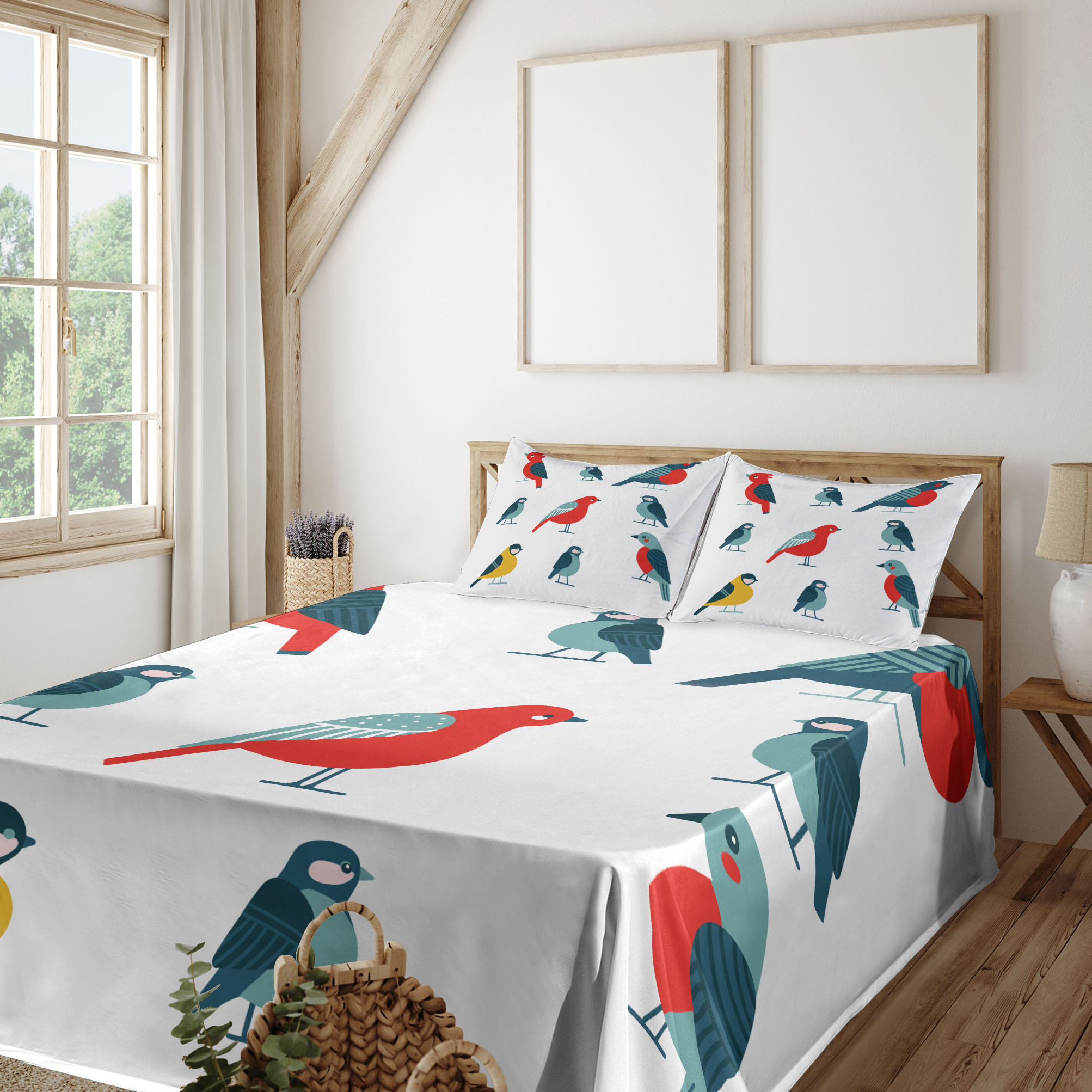 Ambesonne Cardinal Sheet Set Northern Birds Cartoon Art Scarlet and ...