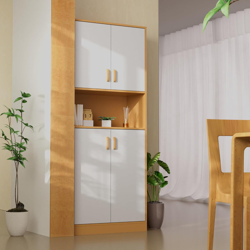 Ebern Designs Oak And White Kitchen Pantry Cabinet 70" Tall Kitchen ...