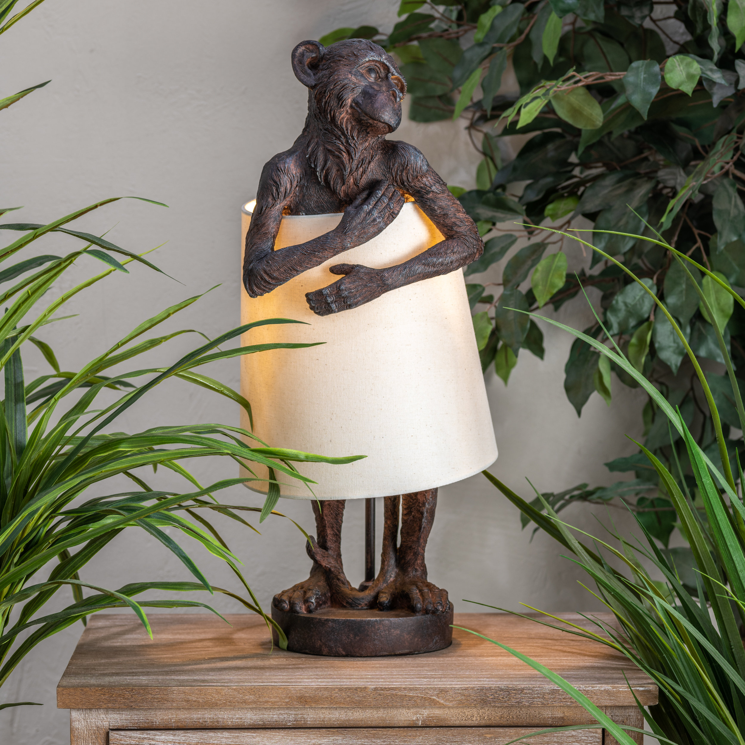 Trinx Dillon 22" Resin Monkey Lamp with Tapered Drum Linen Shade, Brown ...