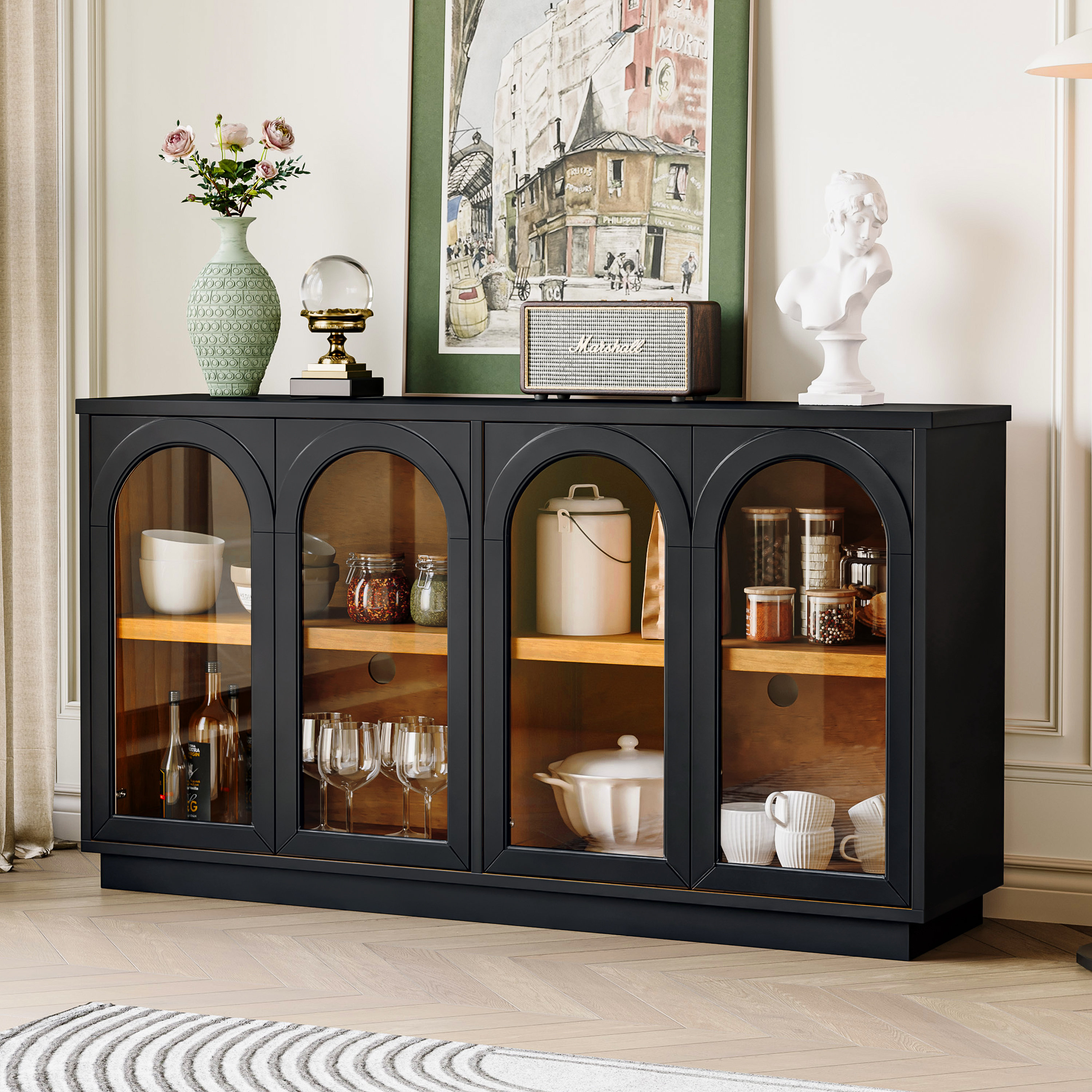Winston Porter 57.7'' Farmhouse Curio Solid Sideboard with Arched Glass ...