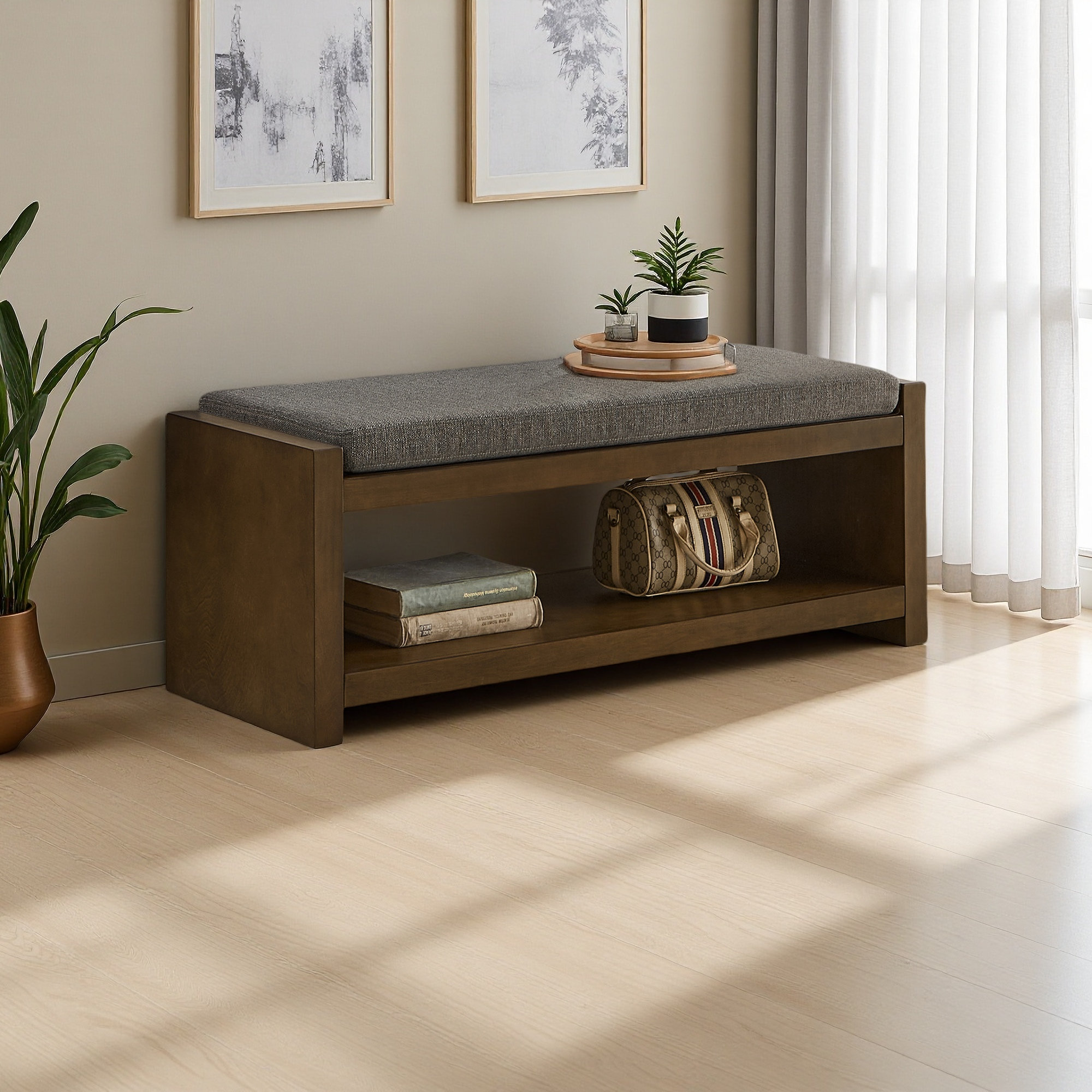 Latitude Run® Accent Bench With Lower Shelf Shoe Rack, Padded Seating ...