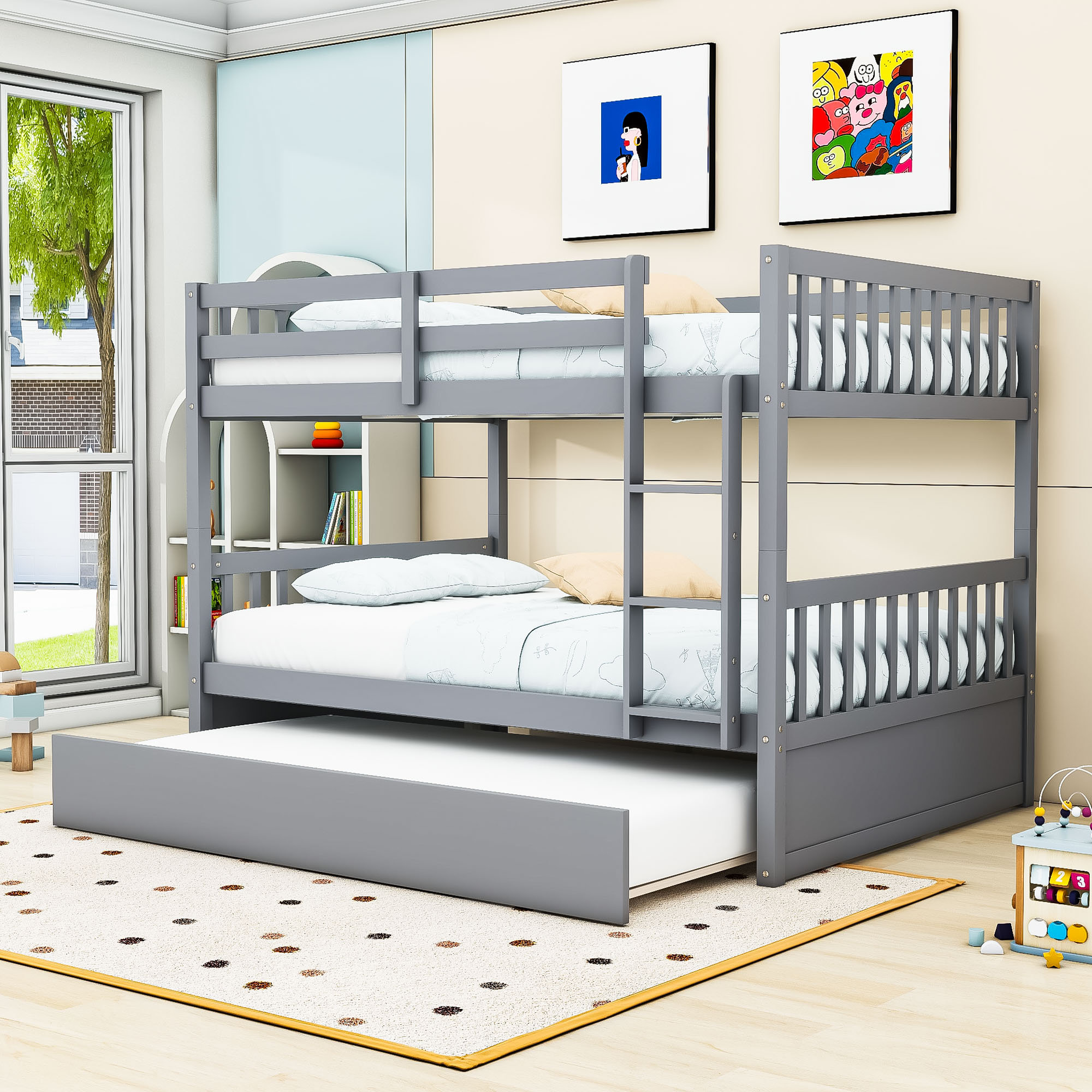 Harriet Bee Kelsa Full Over Full Wooden Bunk Bed With Built-In Trundle ...