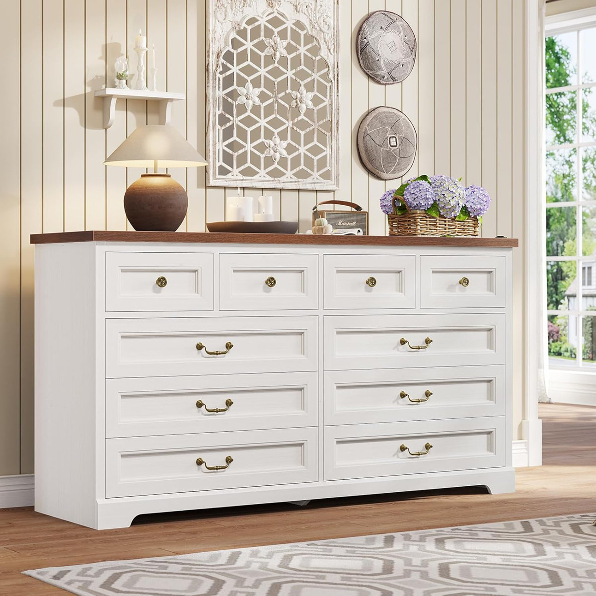 Winston Porter Farmhouse Dresser With 10 Drawers For Bedroom, Wide ...