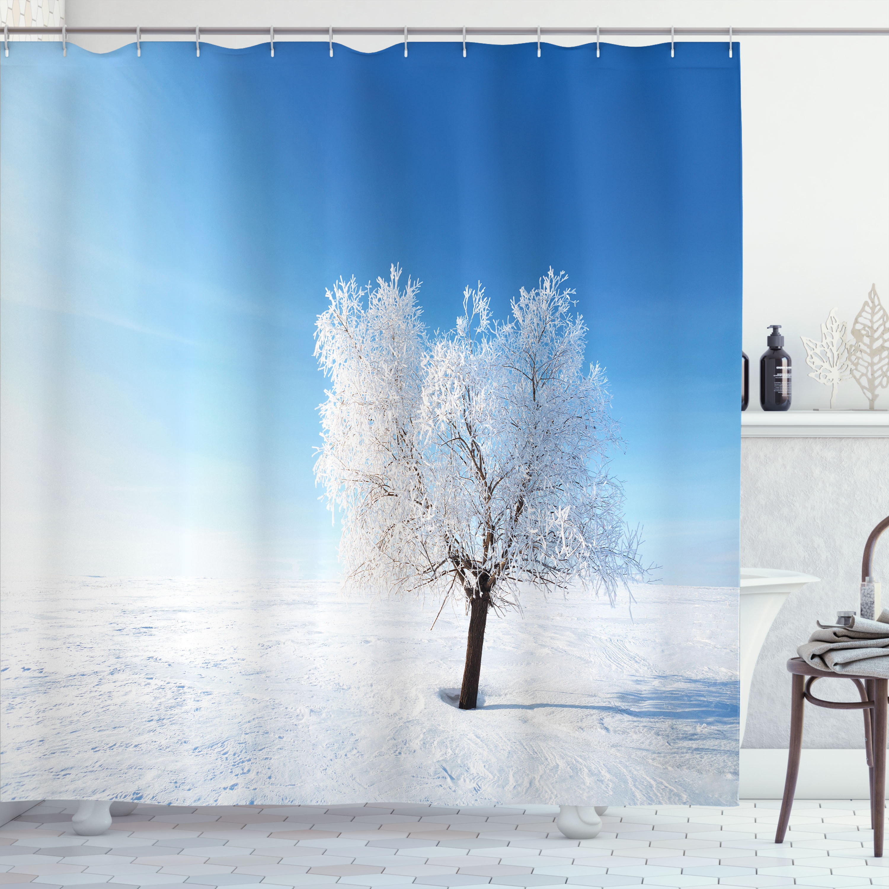 East Urban Home Winter Shower Curtain Snow Covered Alone Tree Blue ...