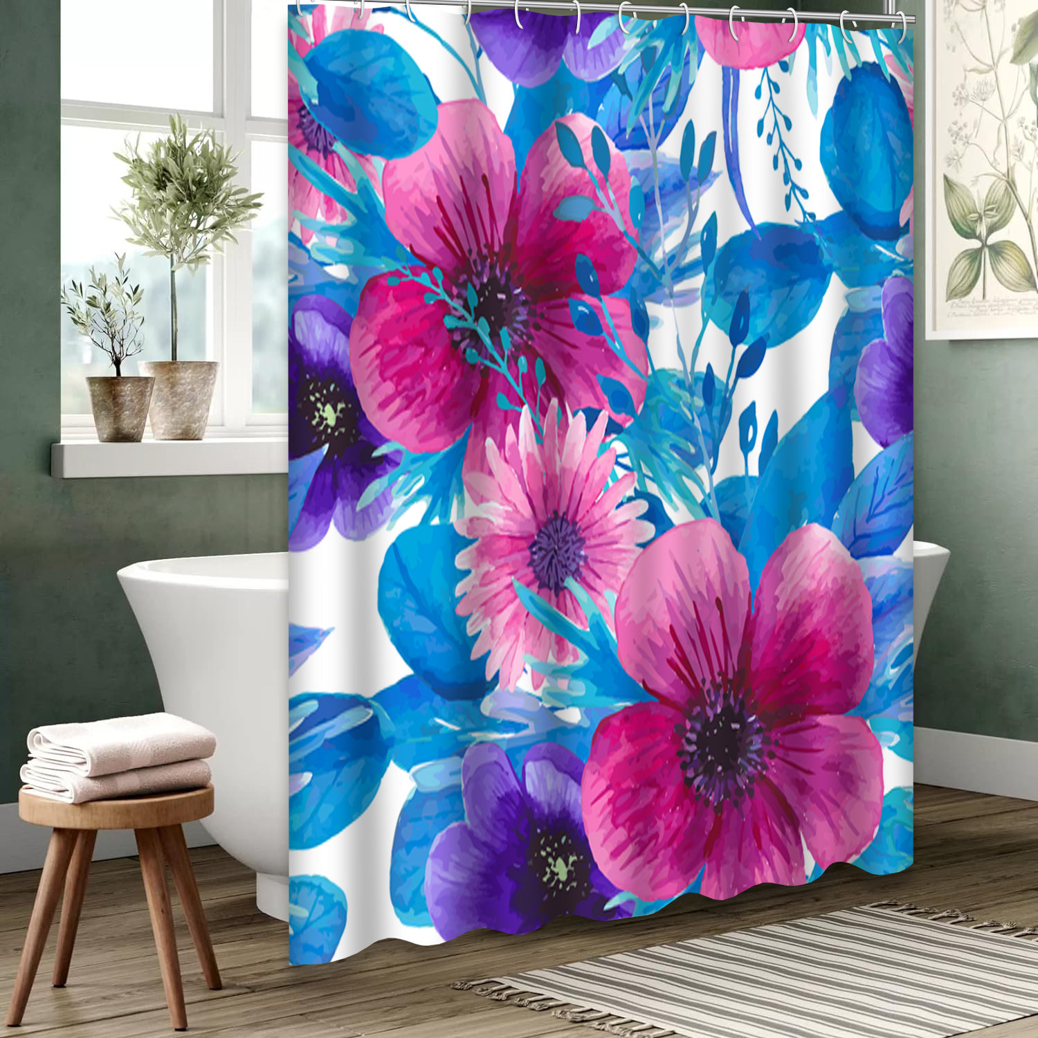 East Urban Home Flower Bloom Waterproof Shower Curtain,Watercolor Boho ...
