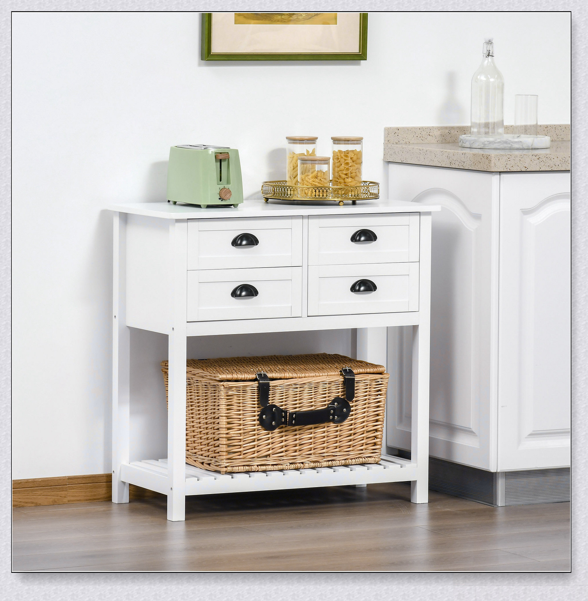 Mercer41 White Coffee Bar Cabinet With 4 Drawers And Slatted Bottom ...