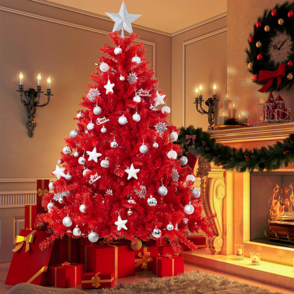 Arlmont & Co 6ft Red Artificial Christmas Tree with Foldable Base | Wayfair