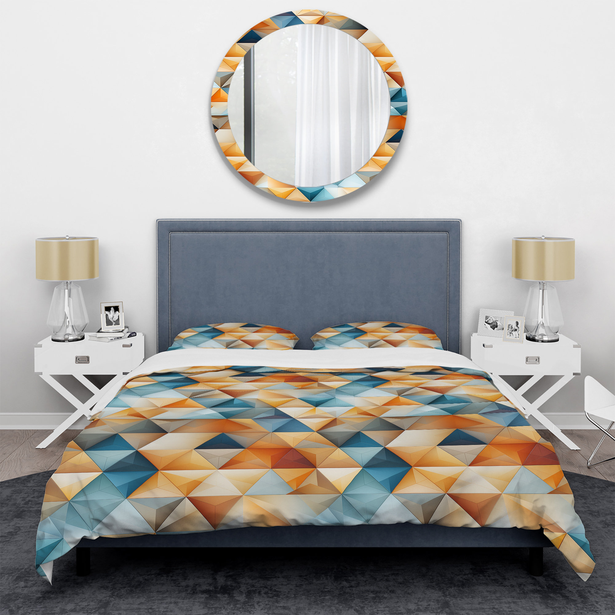 Design Art Orange And Blue Symmetry Tranquil Triangles Duvet Cover Set ...