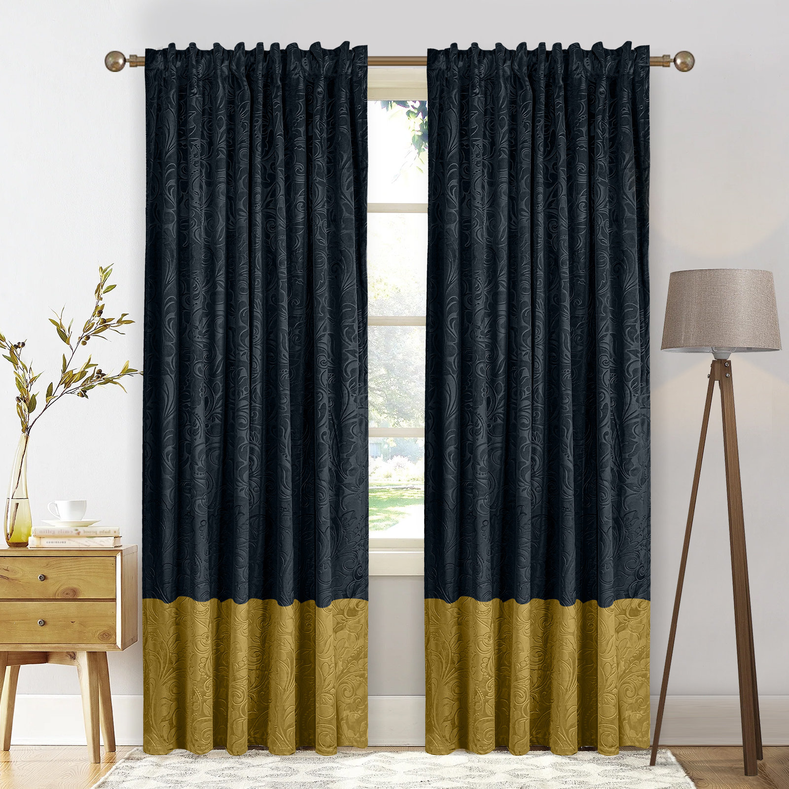 Rosdorf Park Luxury Crushed Velvet Color Block Curtains Floral Damash ...