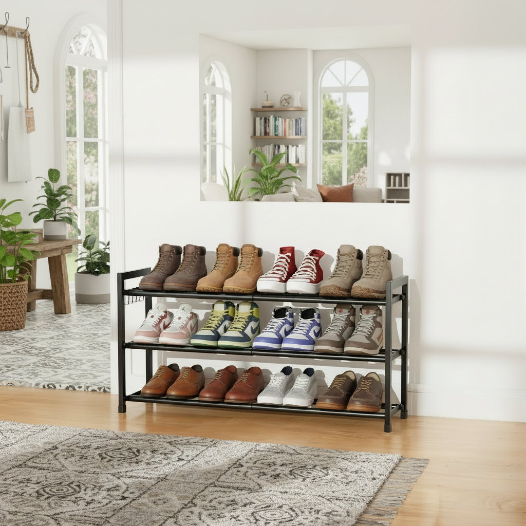 Rebrilliant 3-Tier Shoe Rack With Hooks Black, Adjustable Retractable ...