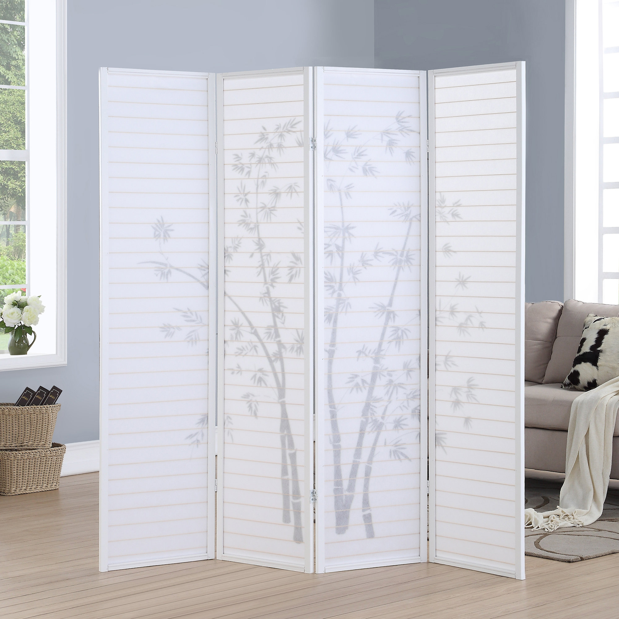 Bayou Breeze Bamboo Print 4-Panel Room Divider - White Frame & Fibre ...