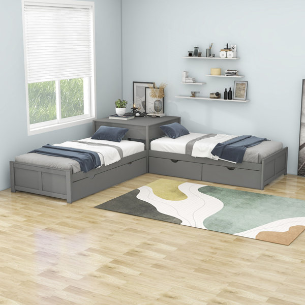 Latitude Run® Twin Size L-Shaped Platform Bed with Trundle and Two ...