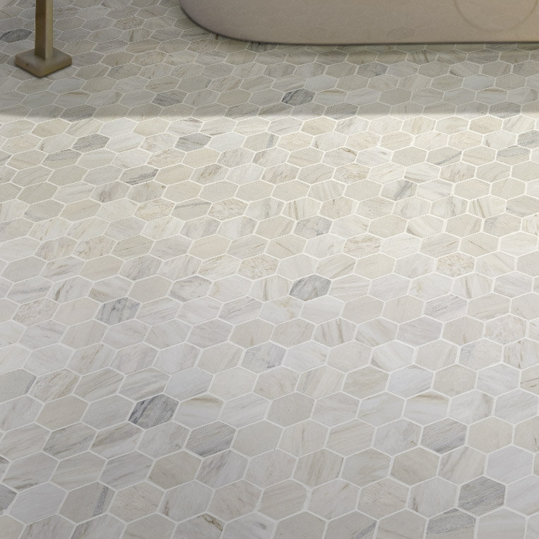 Ackland Angora Hexagon 11.75" x 12" Polished Marble Mosaic Floor and ...