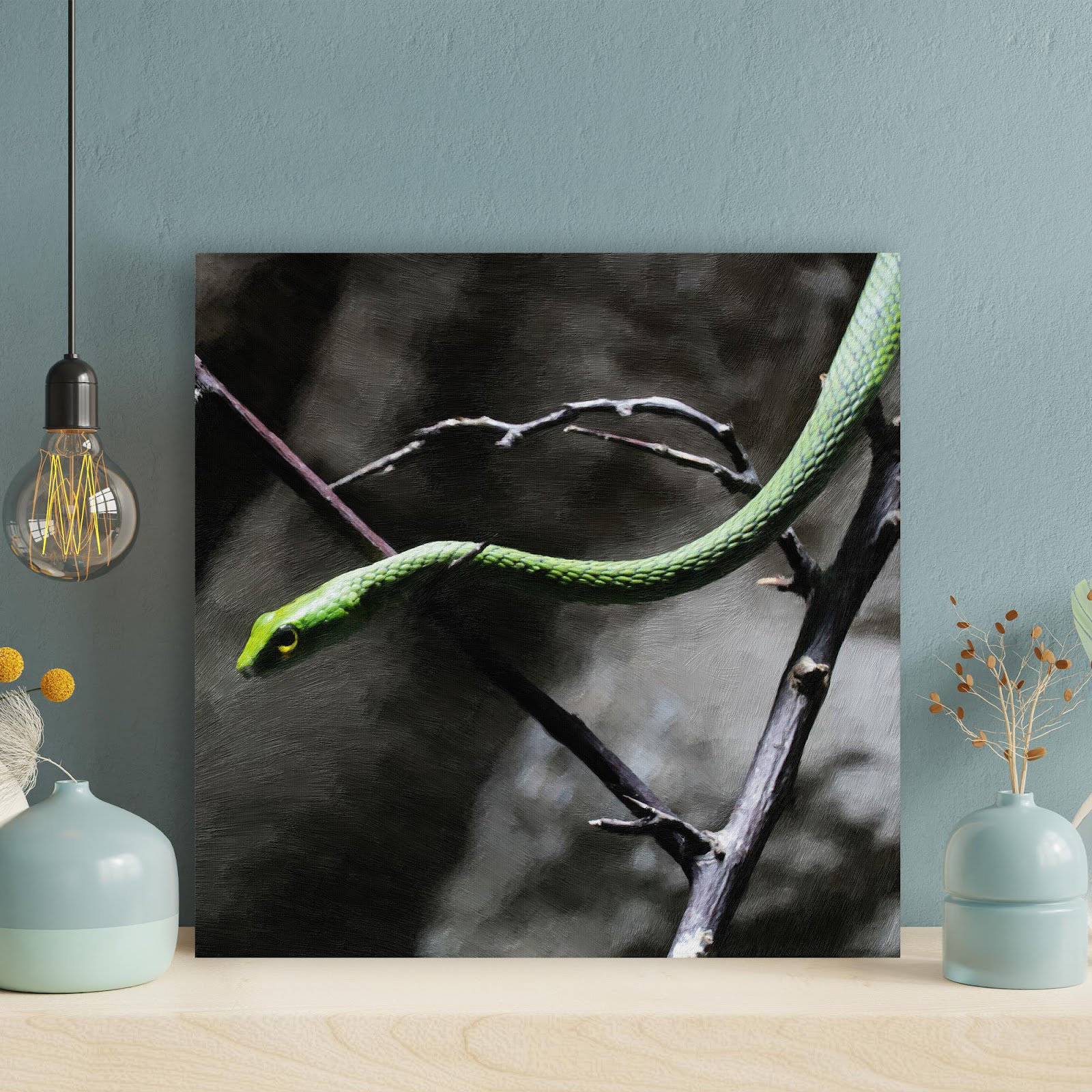 Latitude Run® A Green Snake On Twigs - Wrapped Canvas Painting | Wayfair