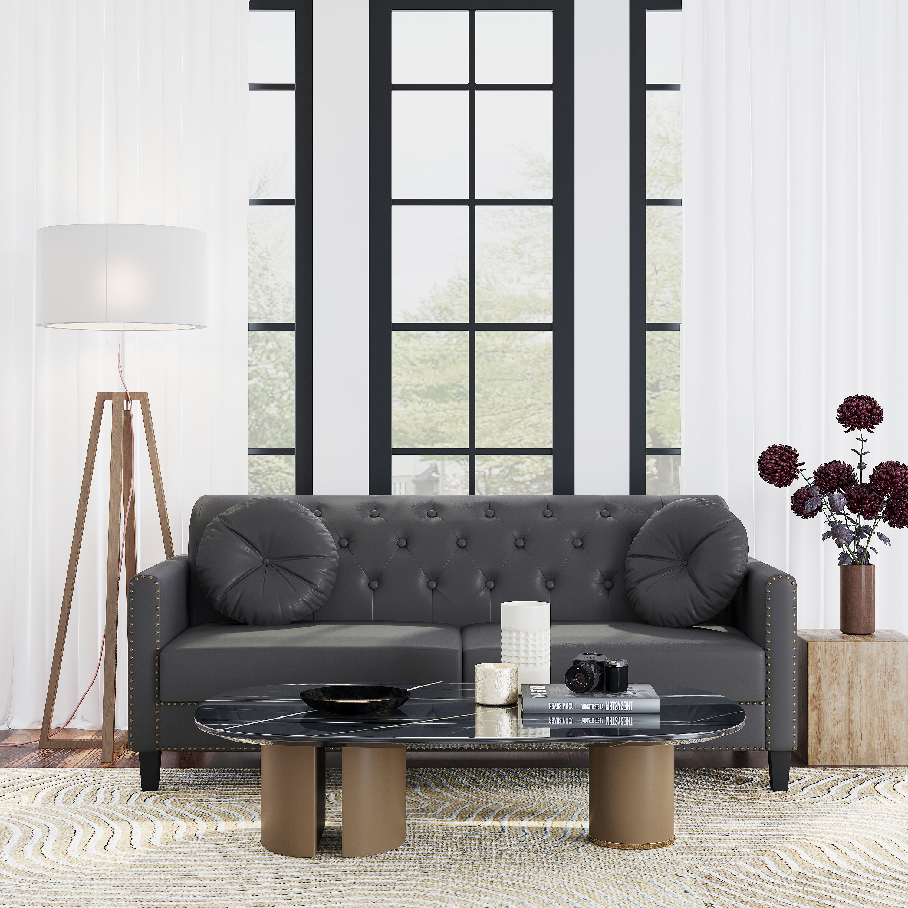 Winston Porter Anthime 77'' Vegan Leather Tufted Round Arm Sofa ...