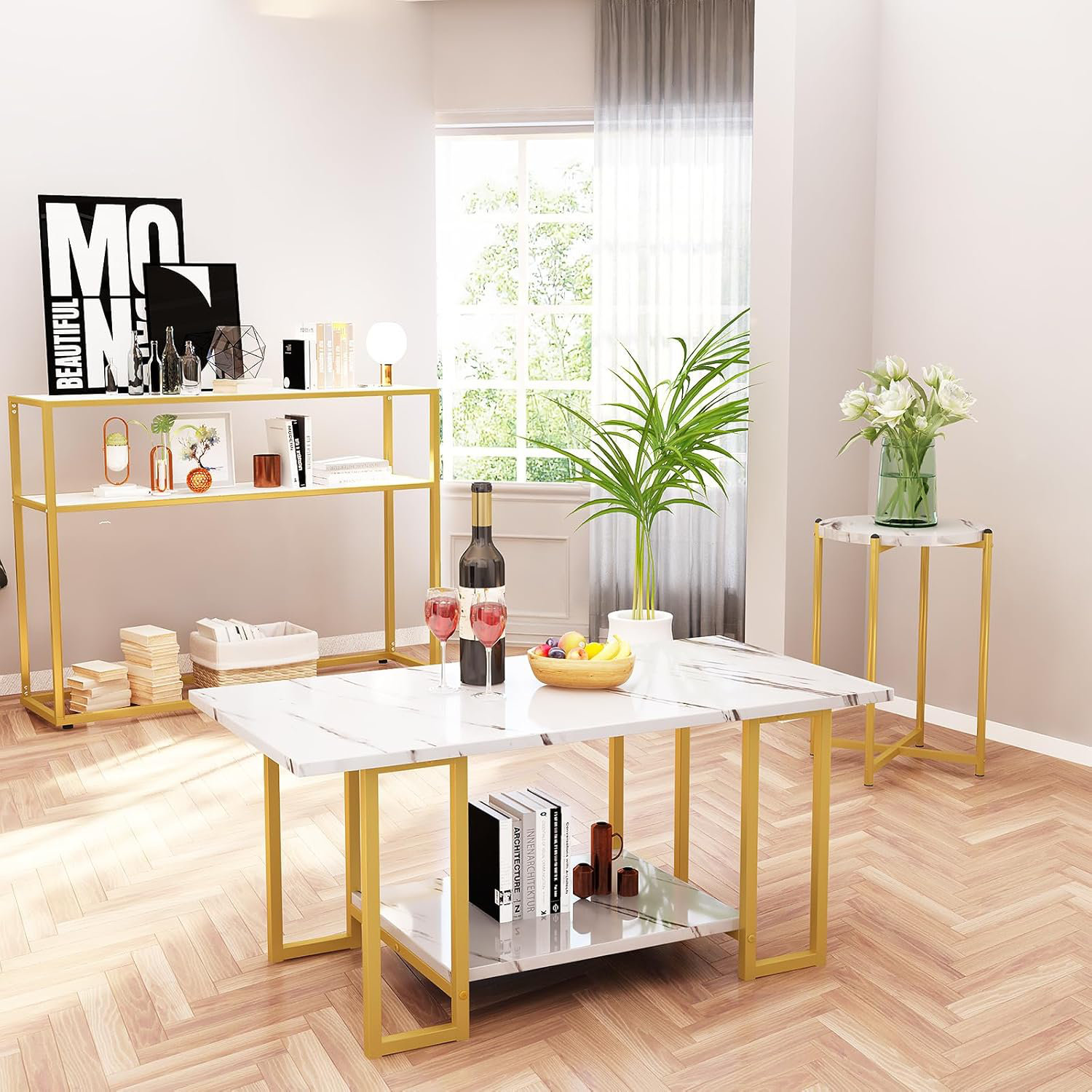Mercer41 Imitation Marble Texture Gold Metal Frame Living Room Table ...