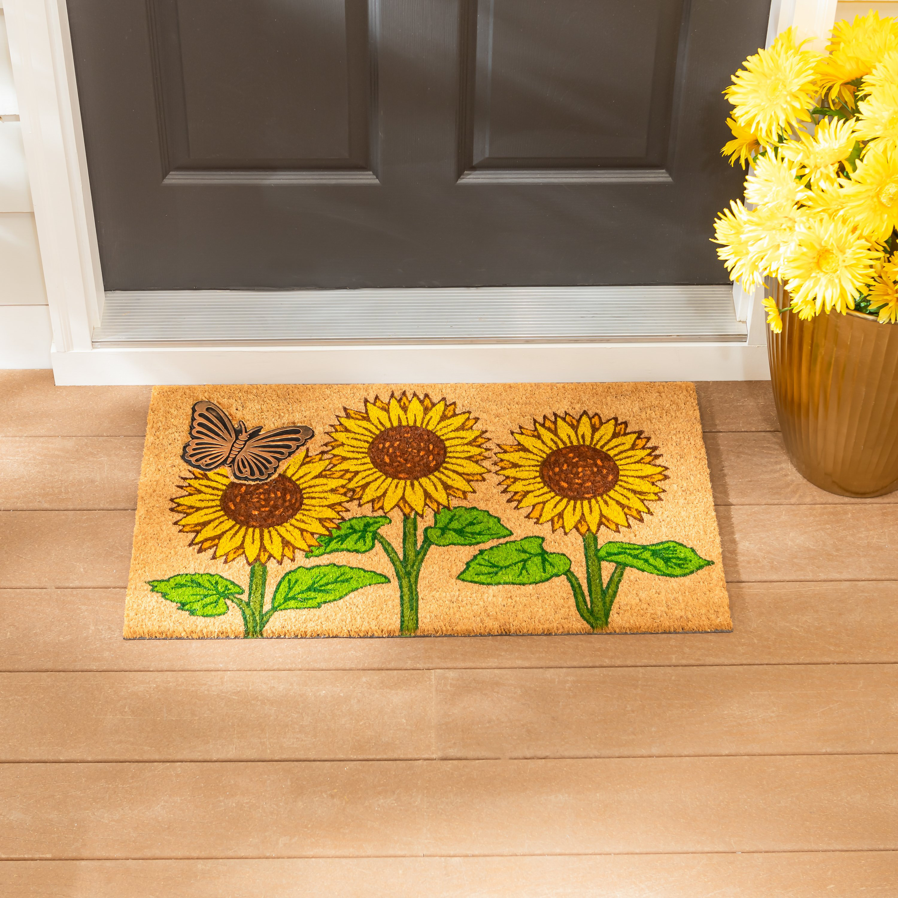 August Grove Sunflower Field Mat with Rubber Embossed Butterfly ...