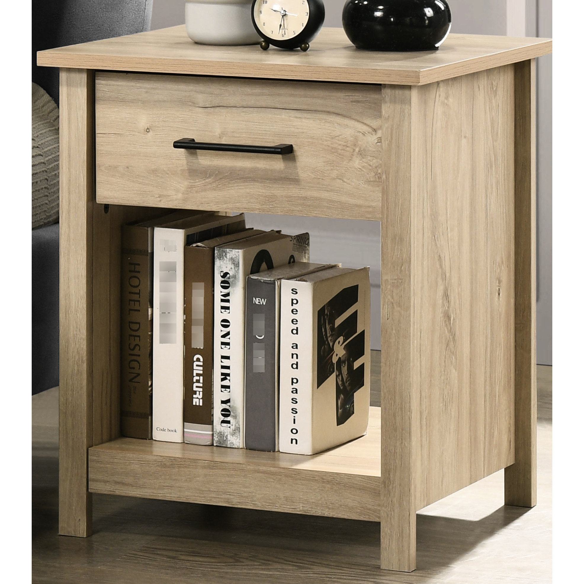 George Oliver Oak 1 Drawer Bedside Table With Smooth Gliding And Open ...