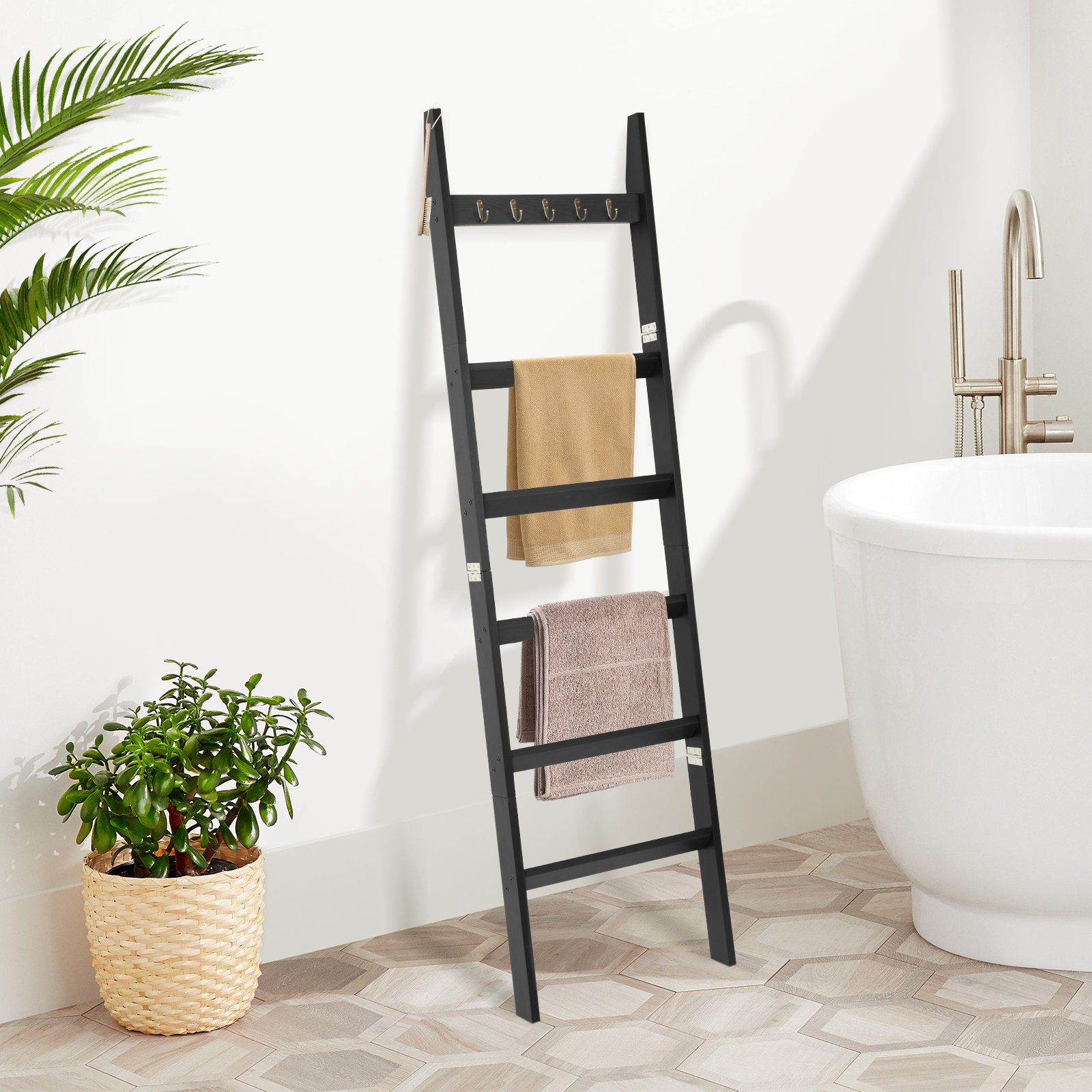 Gracie Oaks 5-Tier Wood Folding Towel Blanket Ladder Rack with Hooks ...