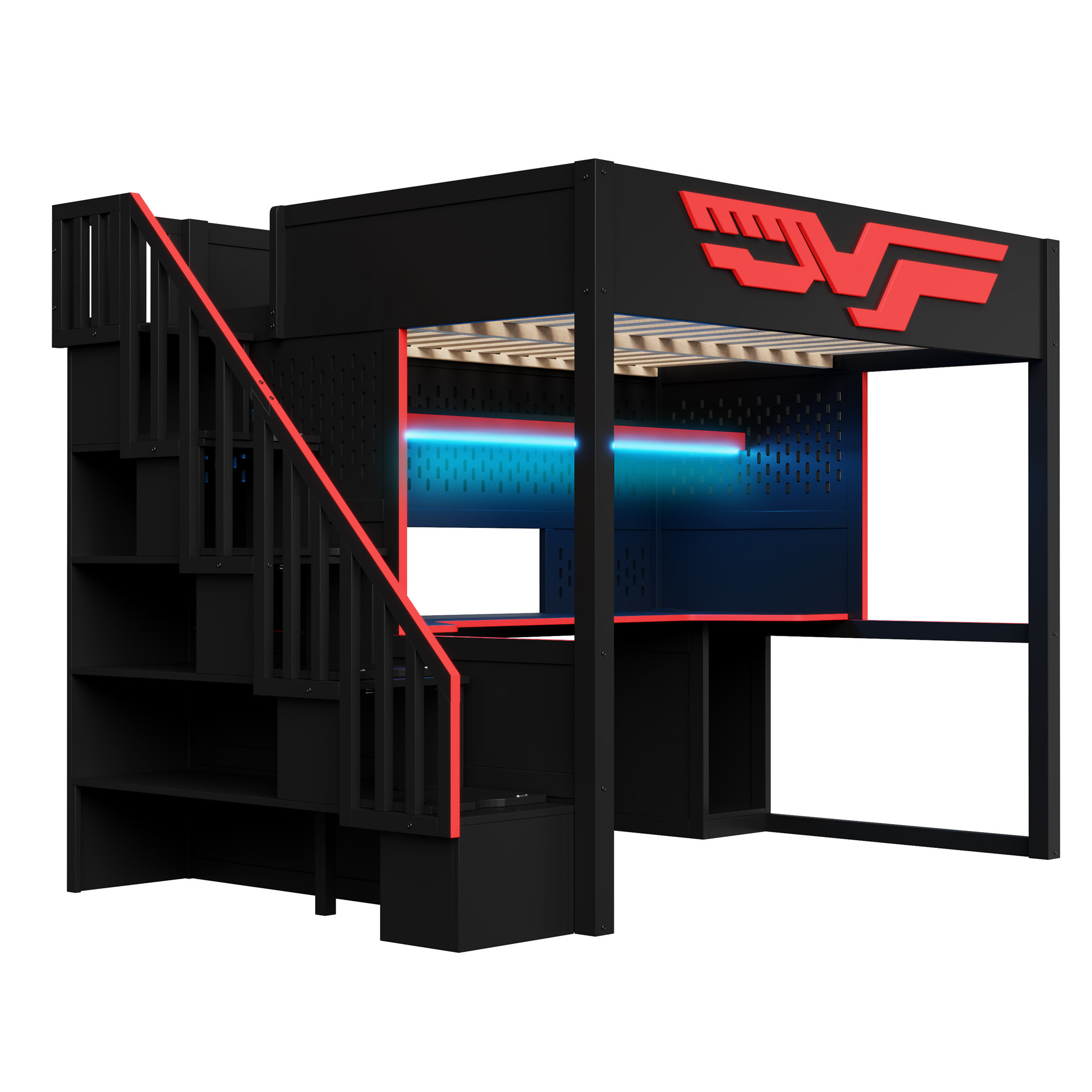 Latitude Run® Full Gaming Loft Bed with Desk, Storage Staircase, LED ...