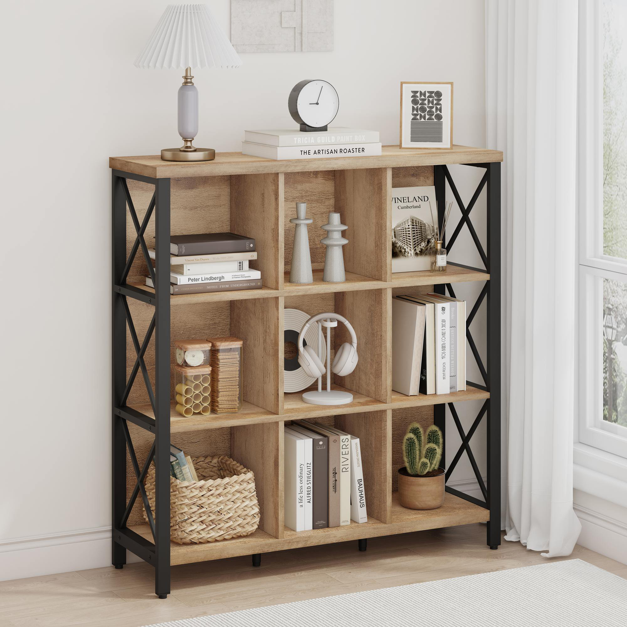 Gracie Oaks Guinna Rustic 3X3 Cube Bookcase, Wood And Metal 9 Cubby ...