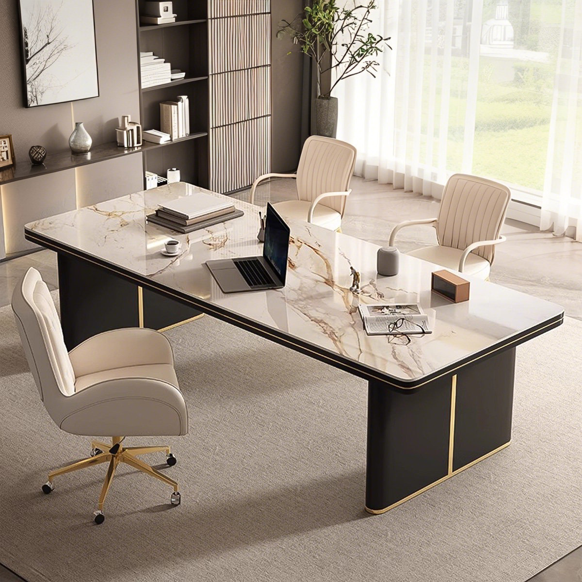 Orren Ellis Modern Luxury Glossy Sintered Stone Executive Desk, Long ...