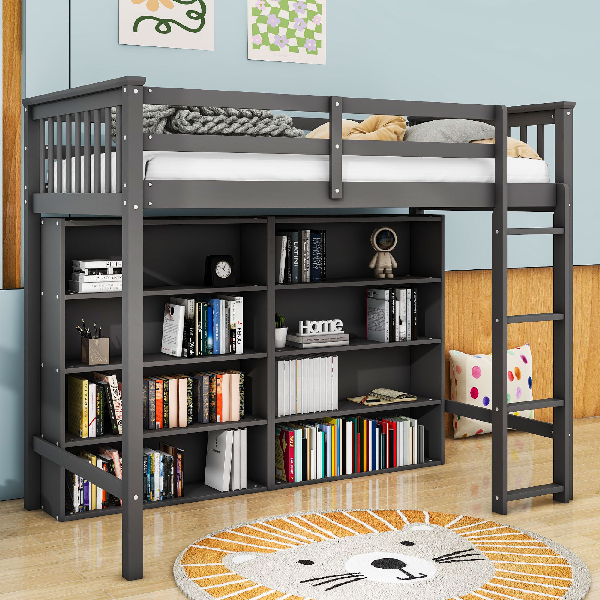 Harriet Bee Jamor Wood Loft Bed with Shelves and Built-in Ladder ...
