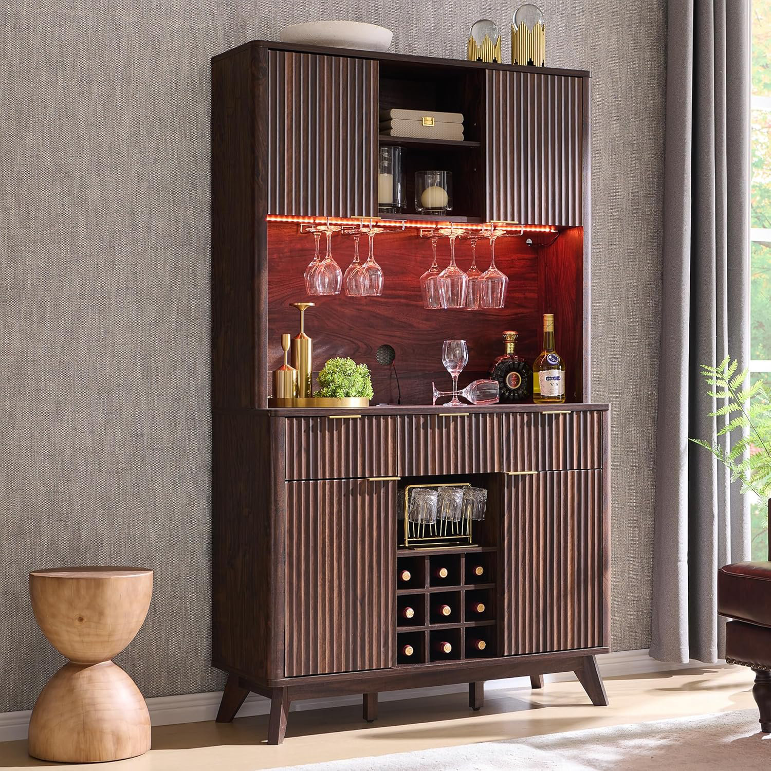 Orren Ellis 72" Tall Wine Bar Cabinet with Storage Hutch, Modern Wood ...
