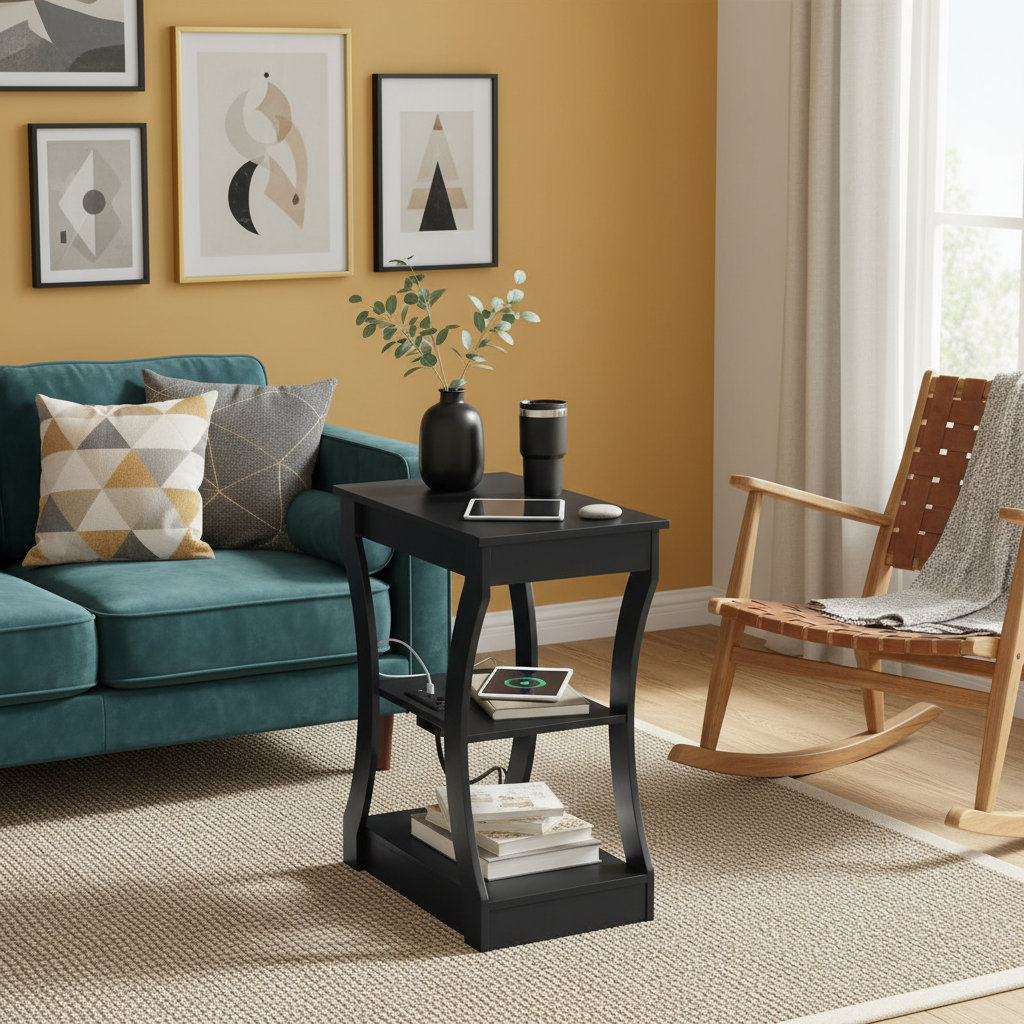 Ebern Designs Black Vanek With Charging Station & USB Ports, 3-Tier ...
