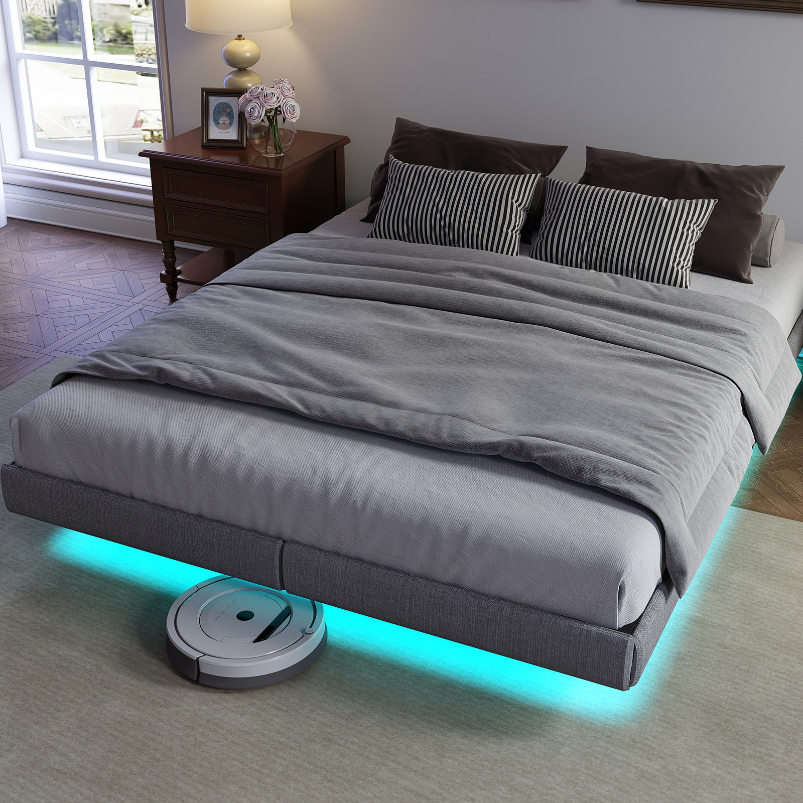 Wrought Studio™ Floating Bed Frame with LED Lights, Modern Bed Frame ...