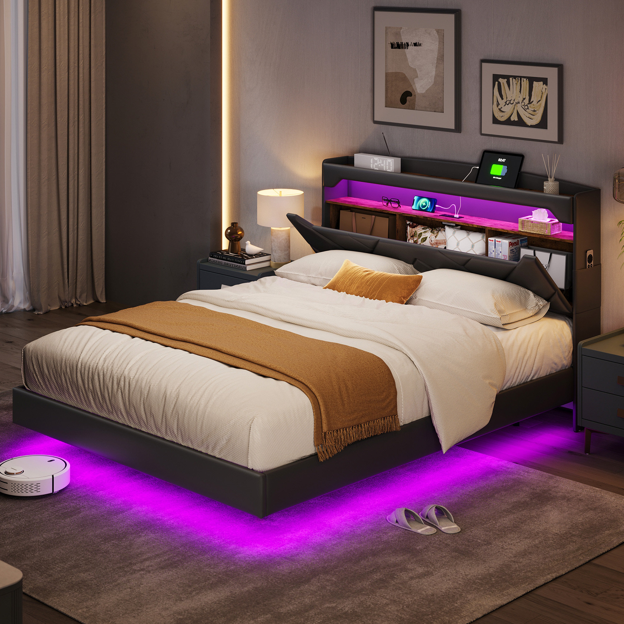 Wrought Studio™ Floating Beds With LED Lights ,Storage And USB Ports ...