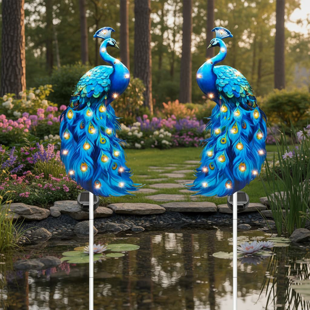 Mercer41 2-Pack 11.8 in. x6 in. Solar Blue Peacock Metal Garden Stakes ...