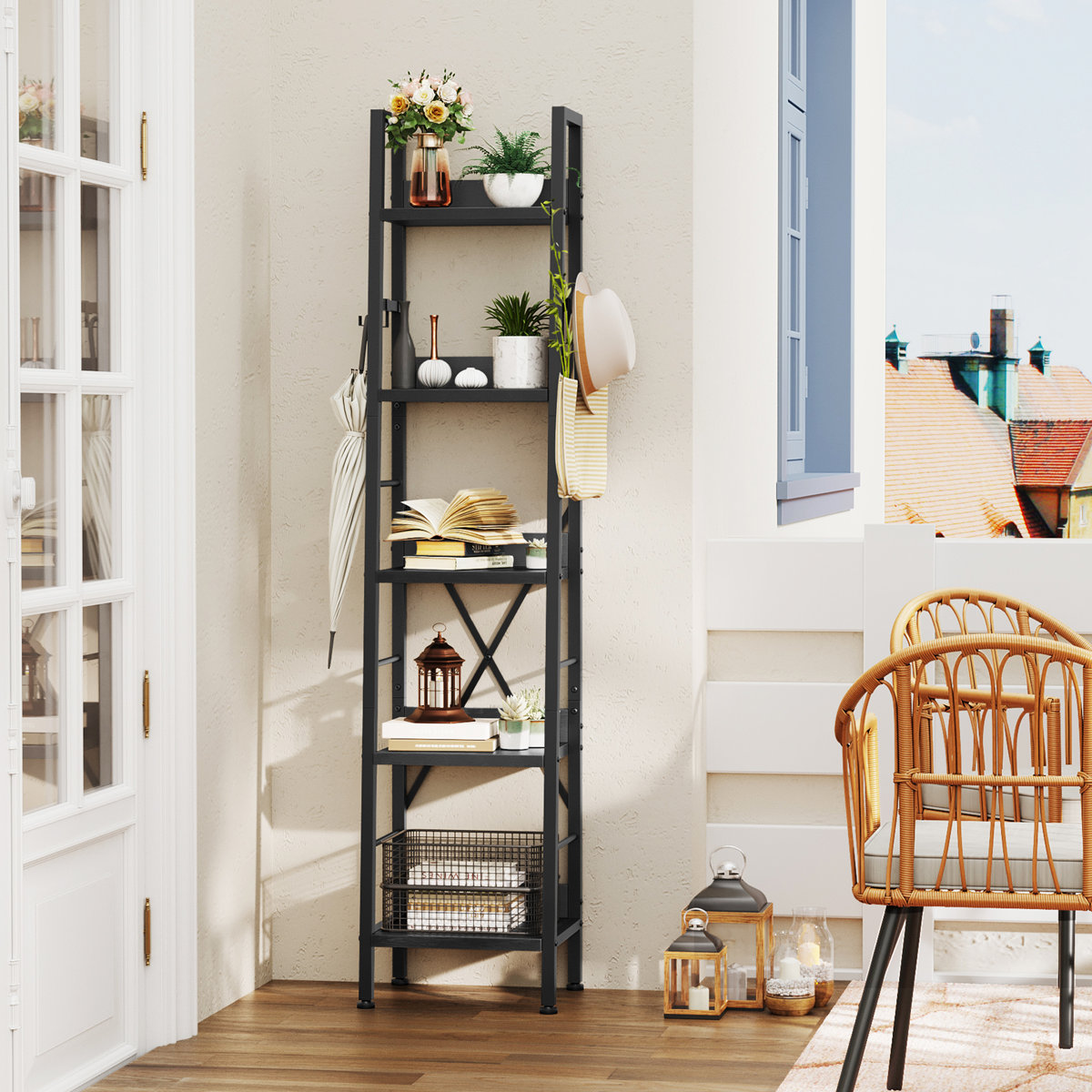 Borough Wharf ladder shelving unit， 5 Tiers Floorstanding slim bookcase ...