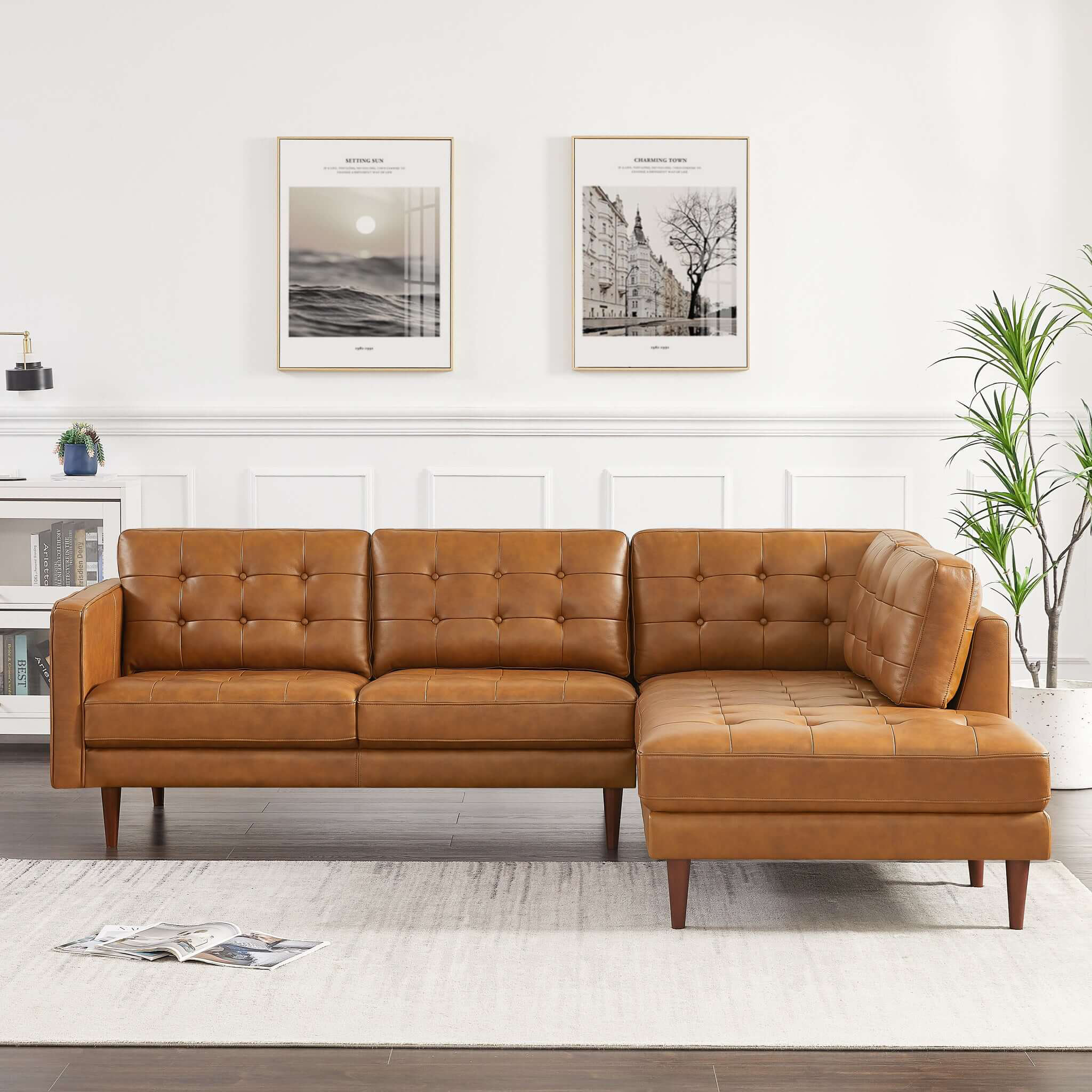 Corrigan Studio Genuine Leather Tan Sectional Sofa For Modern Dining ...