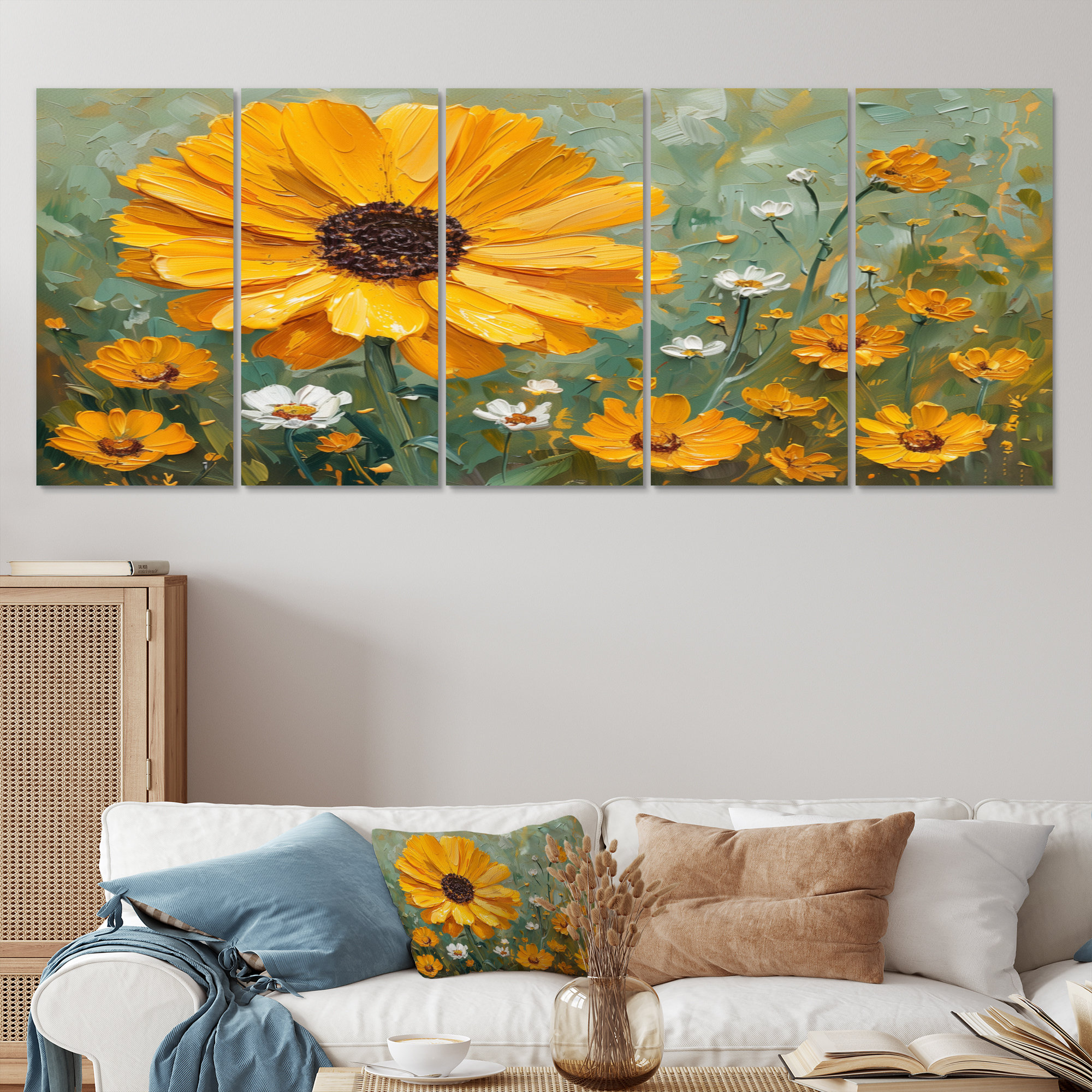 August Grove Yellow Green Summer Meadow Marigolds - Marigold Canvas Art ...