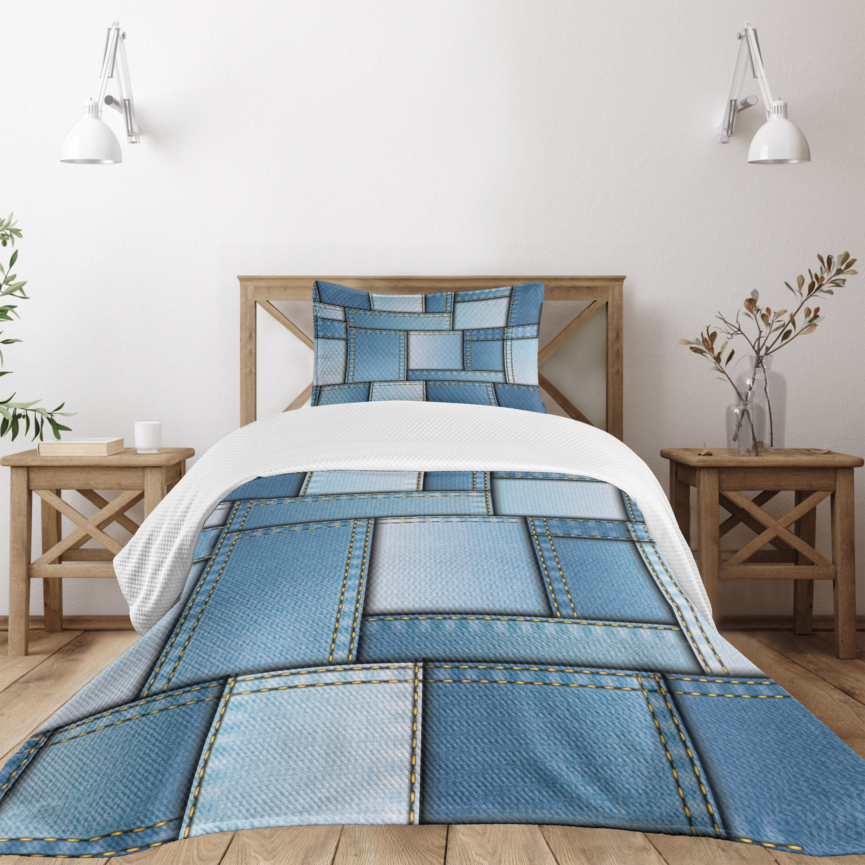 Ambesonne Blue Bedspread Set Denim Patchwork Pattern Blue | Wayfair