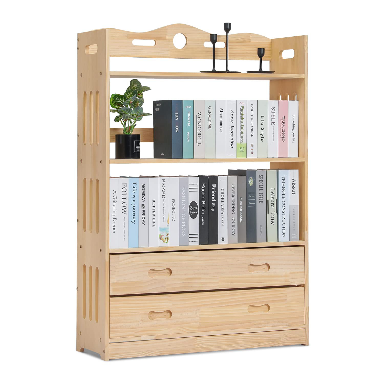 Red Barrel Studio® Bookcase with Open Shelves and 3 Drawers, Solid Wood ...