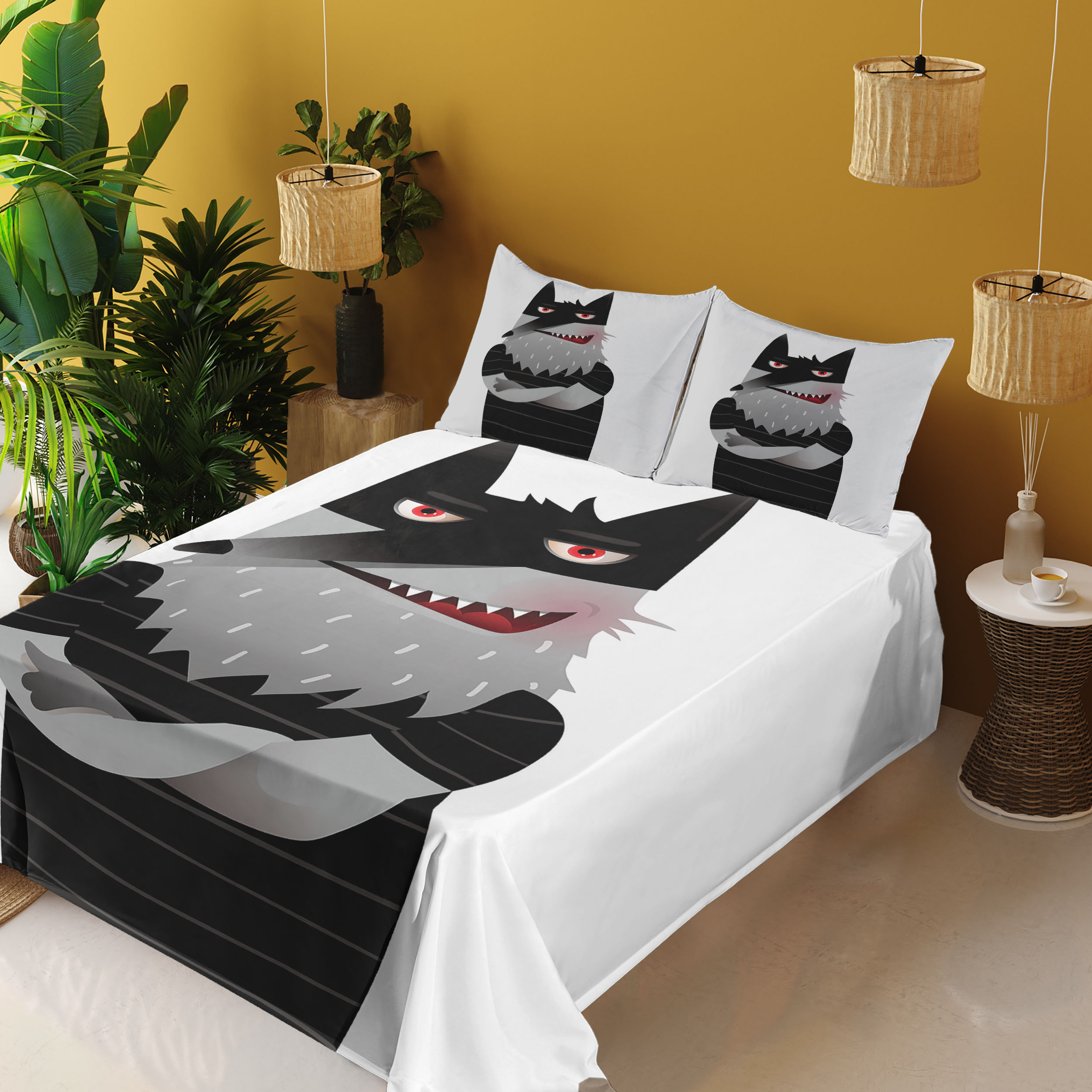Ambesonne Wolf Sheet Set Cartoon Animal Print Modern Charcoal Grey and ...