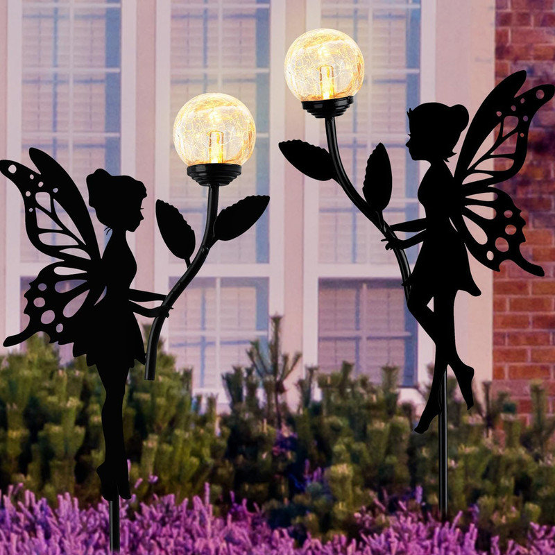 Trinx 2 Pack Solar Fairy Garden Decor, Metal Statues with Crackle Glass ...