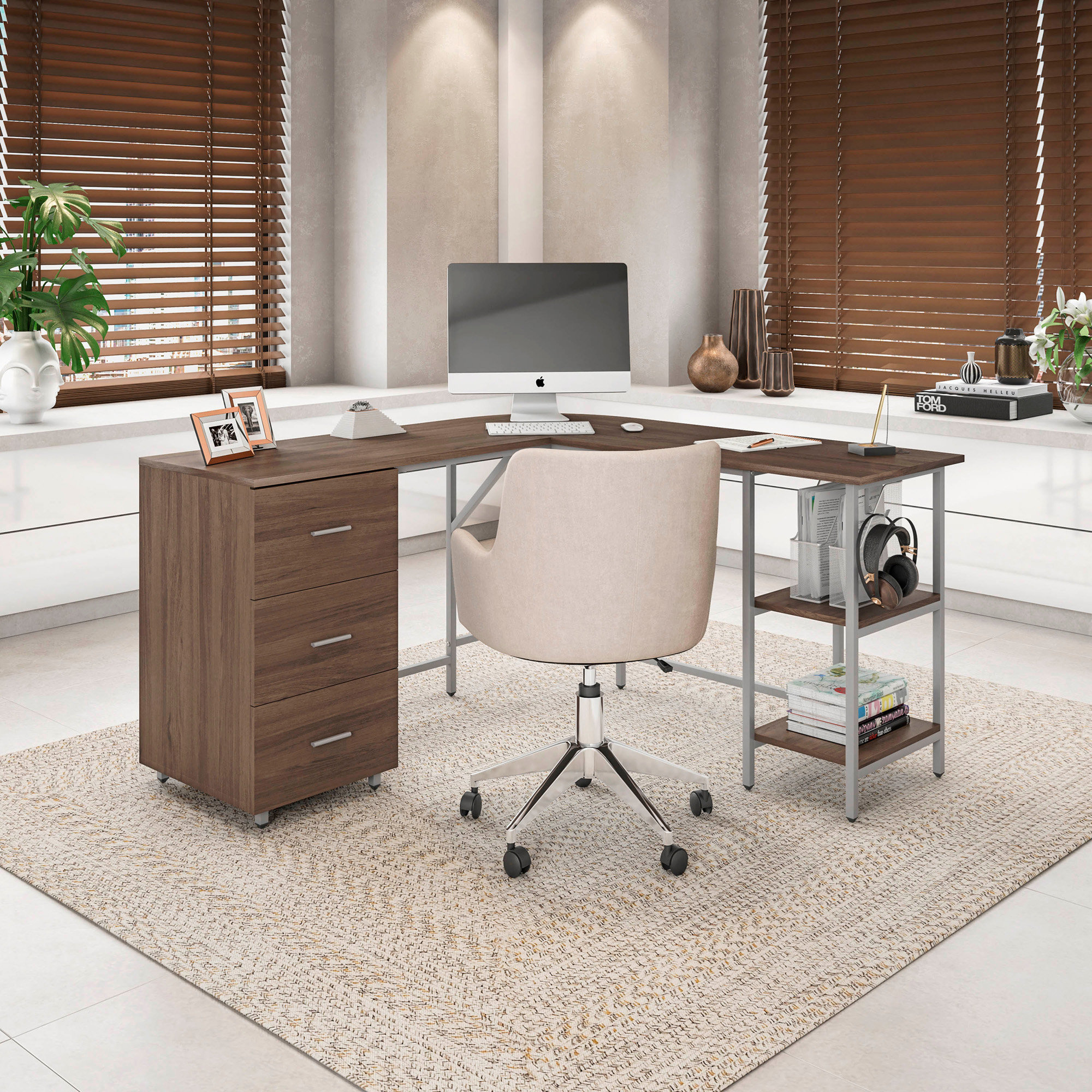 17 Stories L-Shape Home Office Two Tone Desk with Storage, Walnut ...