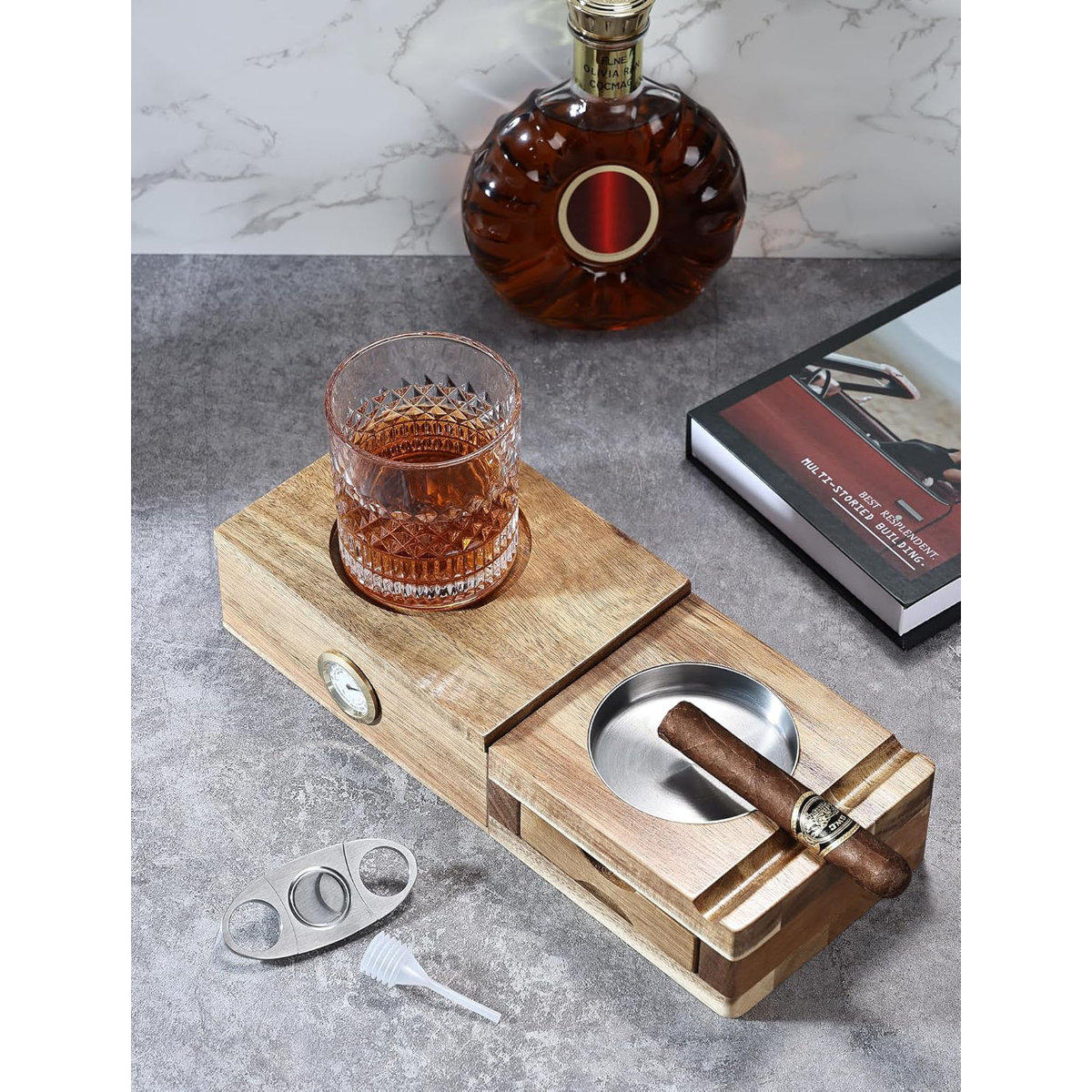Amzico Solid Wood Cigar Humidor Set With Wine Holder, Cedar Box, Metal ...