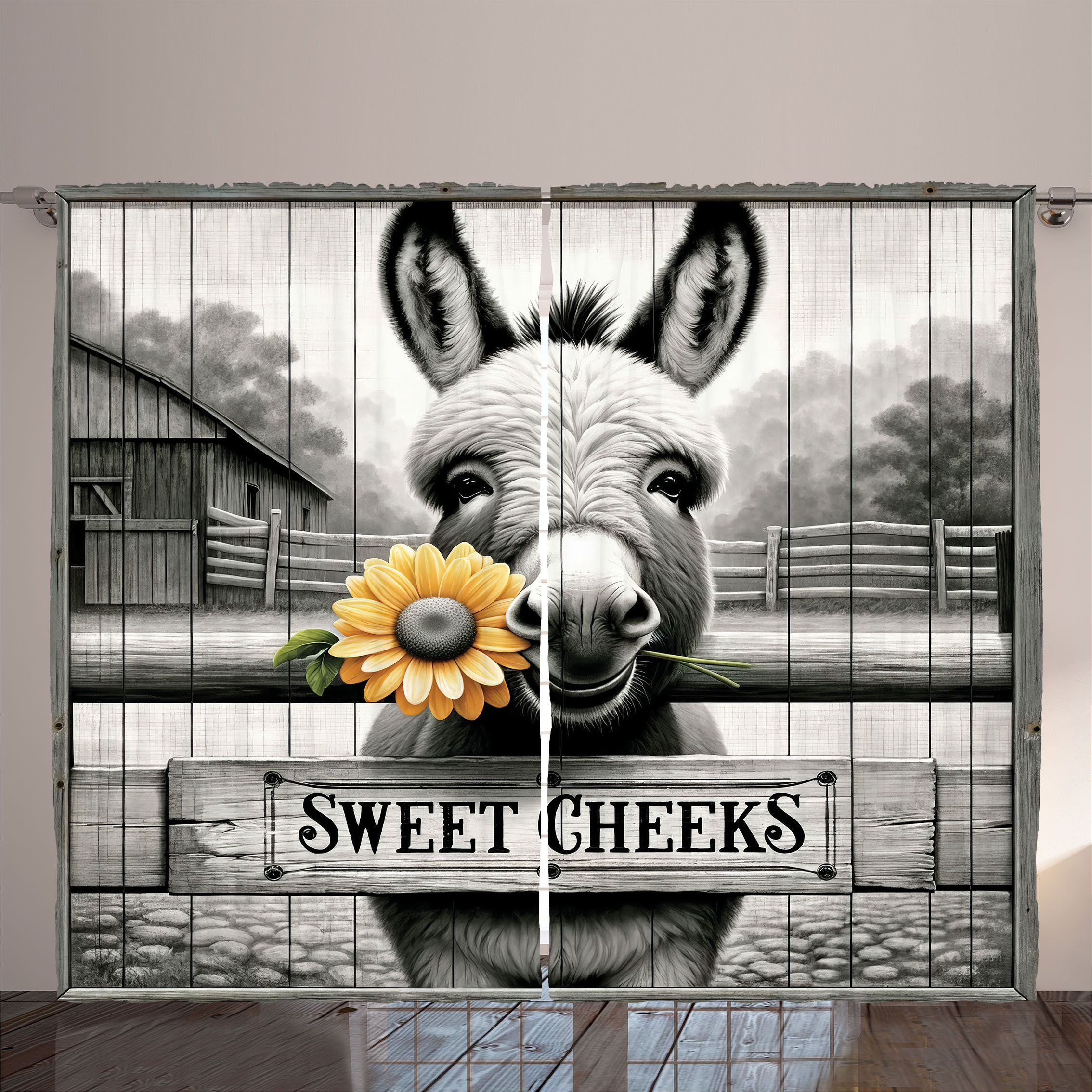 Ambesonne Curtains 2 Panel Set, Donkey with Sunflower, Grey Earth ...