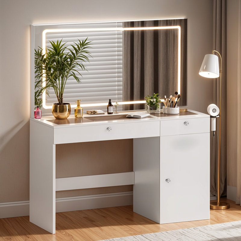 Ebern Designs Modern Vanity Desk with LED Mirror, Power Outlets, and ...