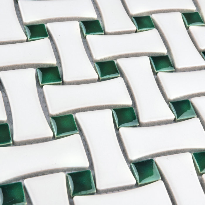 Merola Tile Metro Ion Dog Bone Basketweave Emerald Dot Matte White 10 ...