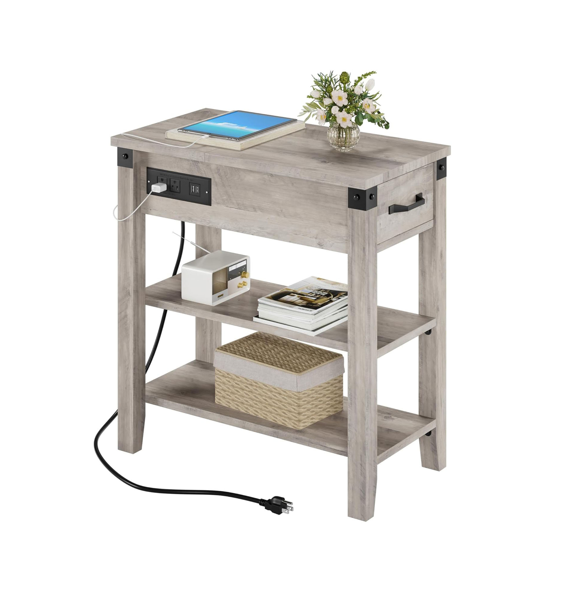 Gracie Oaks End Table With USB Ports And Outlets, Flip Top Side Table ...
