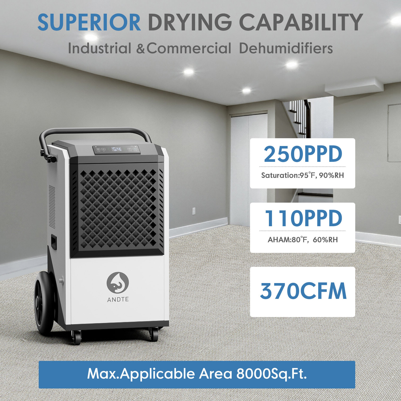 ANDTE 260 Pint Commercial Dehumidifier with Drain Hose – High-Capacity Moisture Control for ...