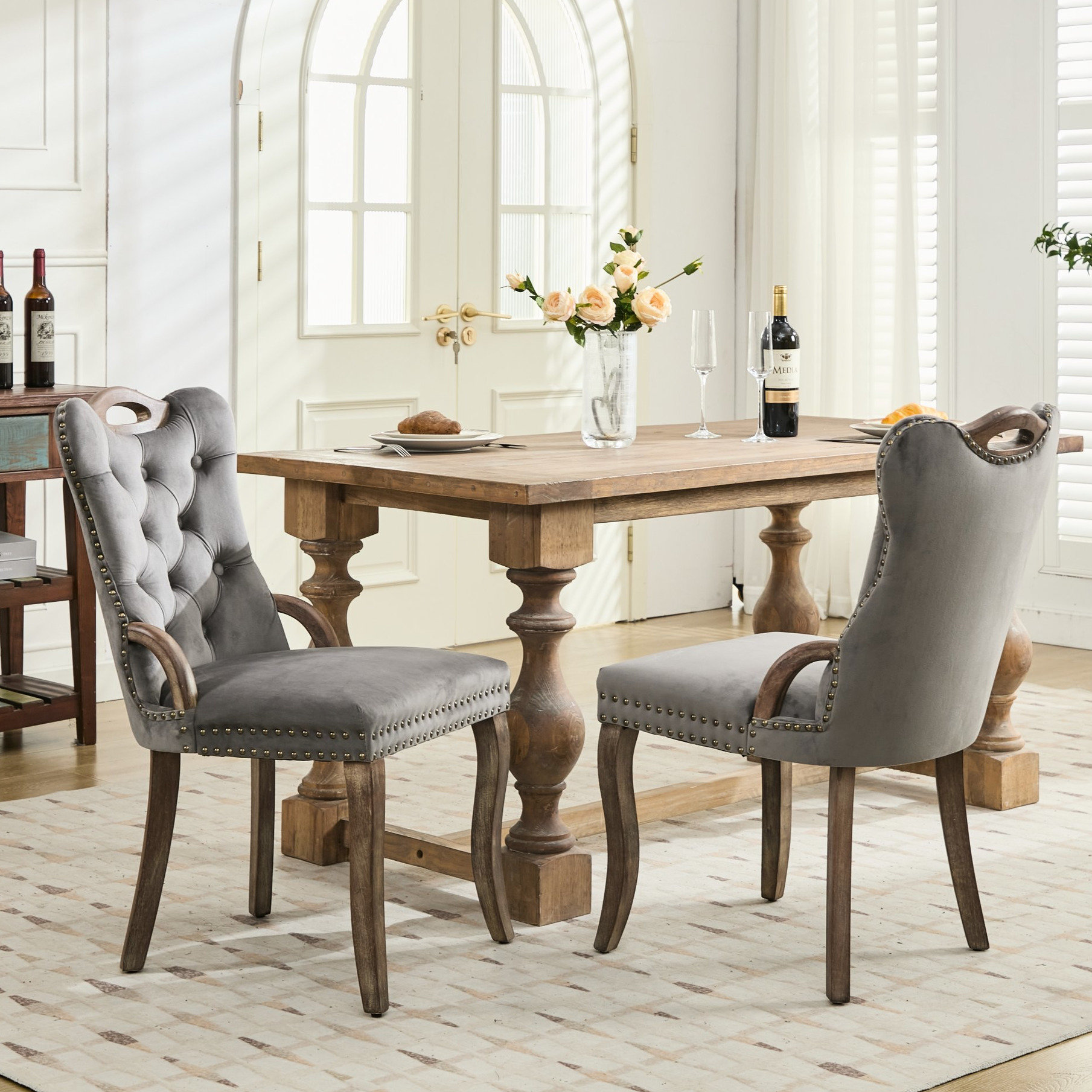 Red Barrel Studio® Grey Velvet Dining Chairs With Vintage Copper Nail ...