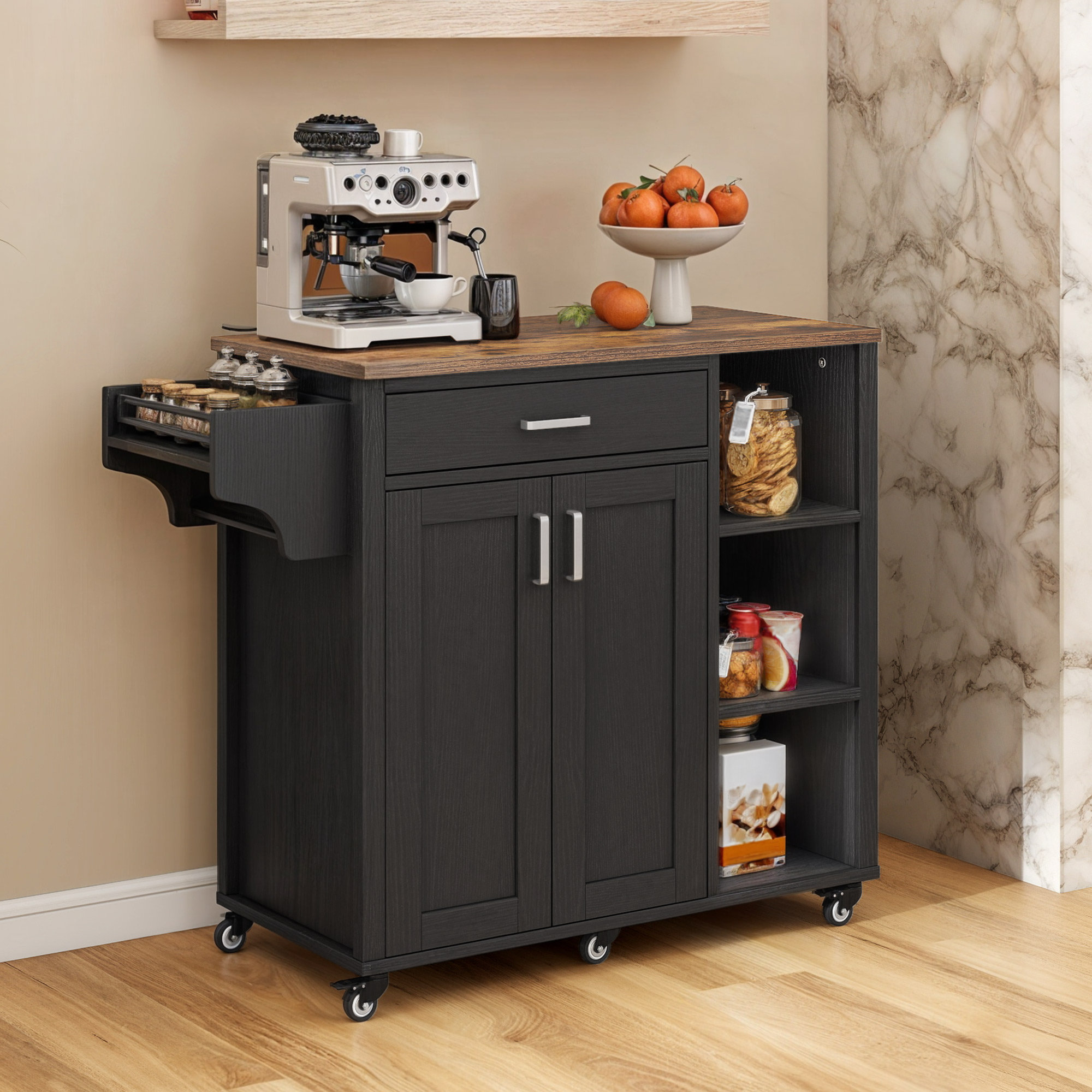 Winston Porter Rolling Kitchen Island Cart On Wheels With Drawer Open ...