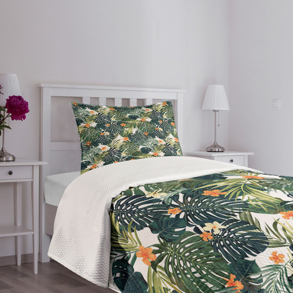 Ambesonne Floral Bedspread Set Botanic Tropic Leaves Green and White ...